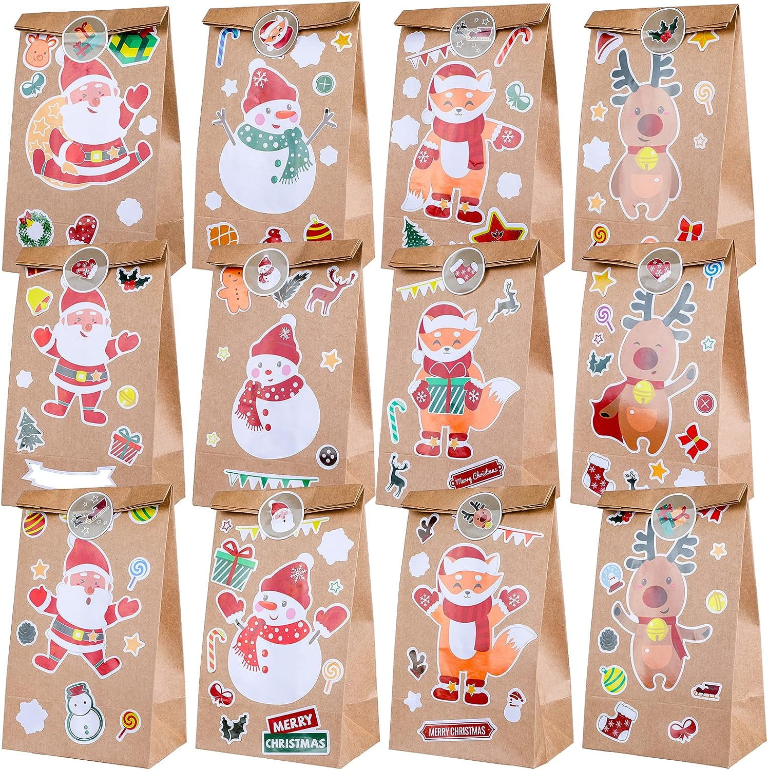 24pcs Christmas Paper Treats Bags With DIY Stickers Xmas Gifts Bags for ...