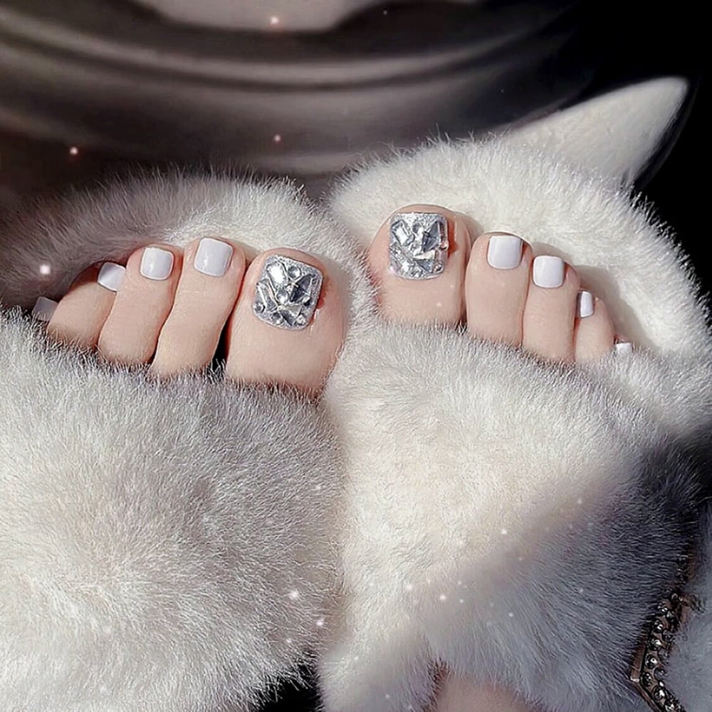 24pcs Colorful Diamond Fake ToeNails Short Square Summer Aurora Silver ...