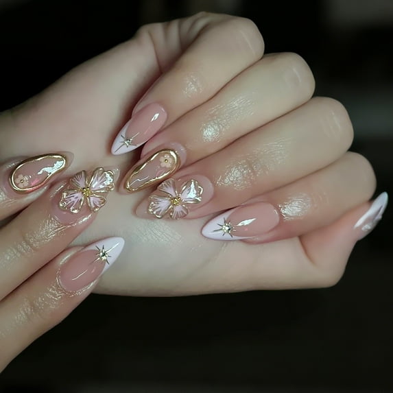 24pcs Elegant Almond False Nails with French Tip and Flower Design Gold ...