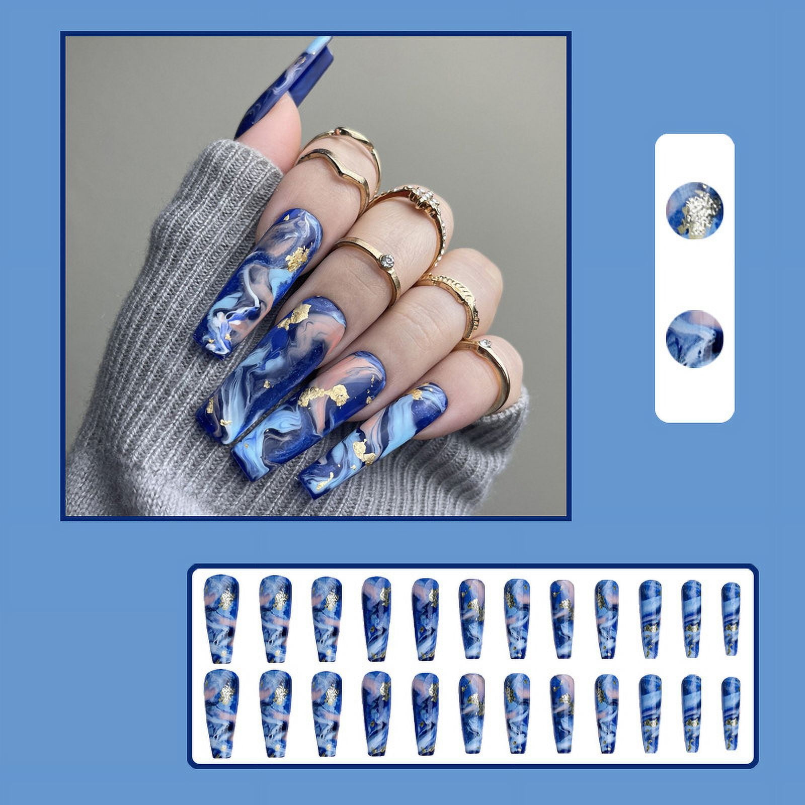 24pcs Fake Nail Long Nail, Abstract Pattern Gilded Fake Nails, Blue and ...