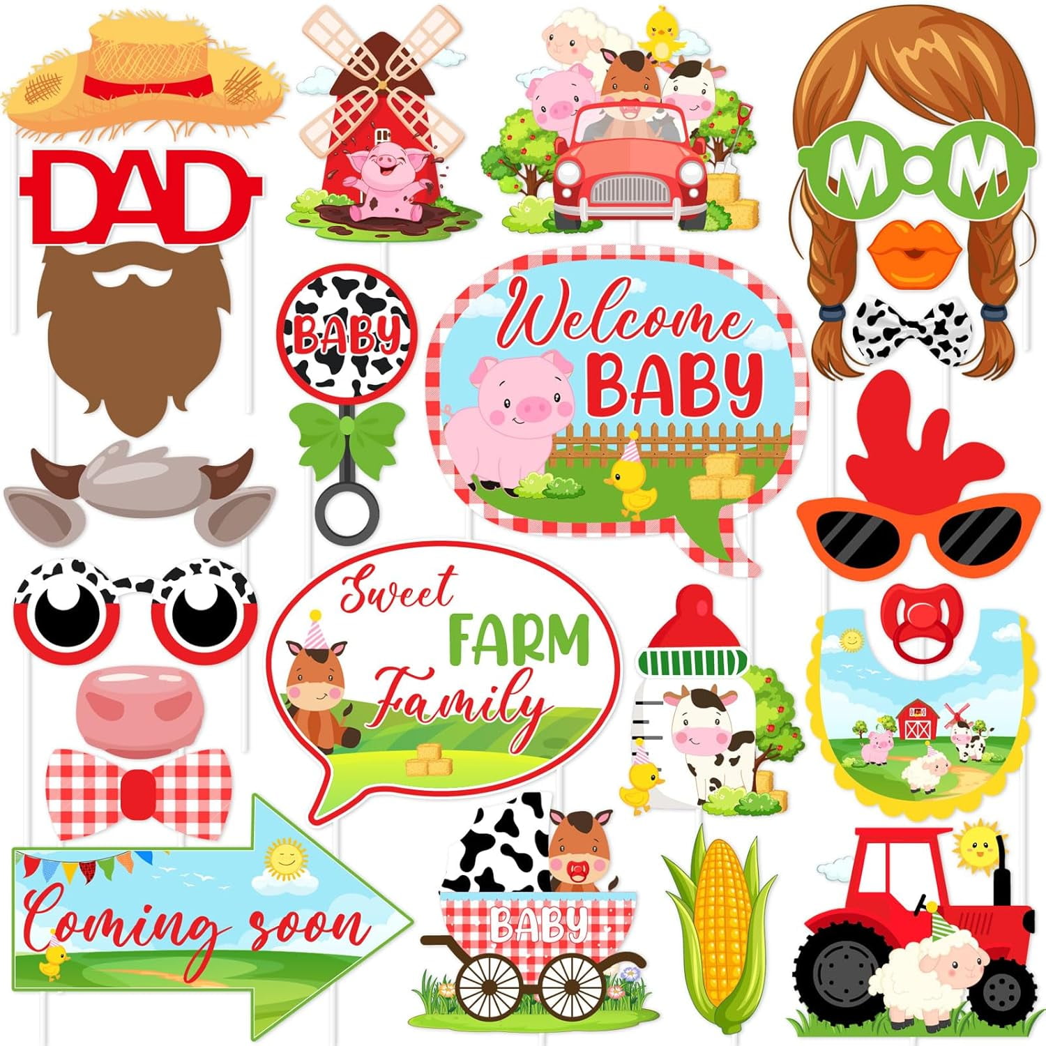 24pcs Farm Animal Photo Booth Props Red Farm Animal Baby Shower ...