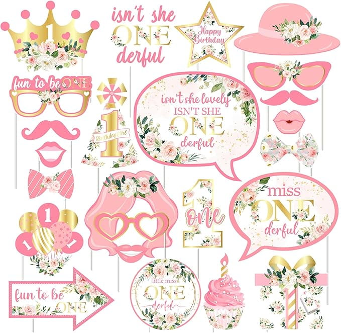 24pcs Floral 1st Birthday Photo Booth Props Miss Onederful 1st Birthday ...