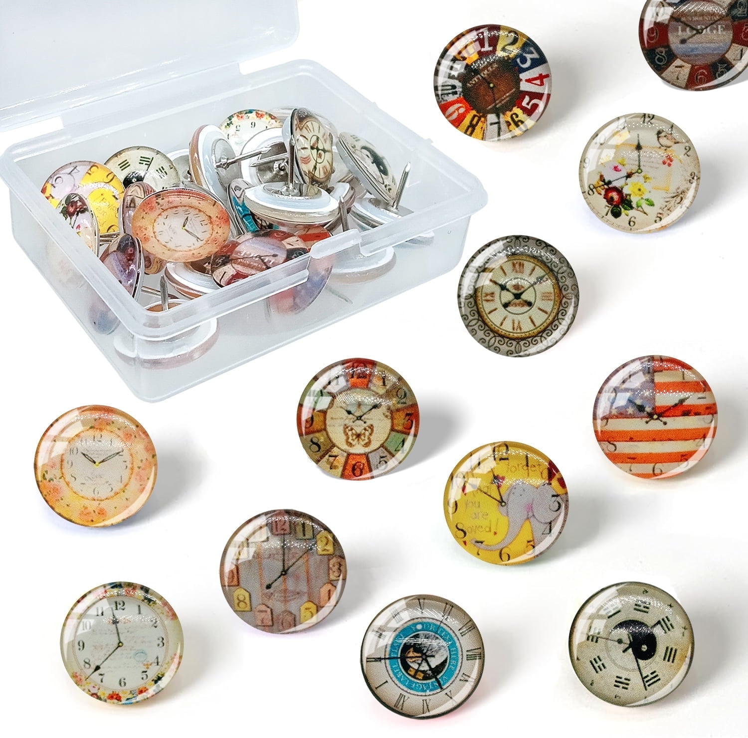 Creative Thumbtacks Vintage Time Clock Design, Glass & Metal Push Pins ...