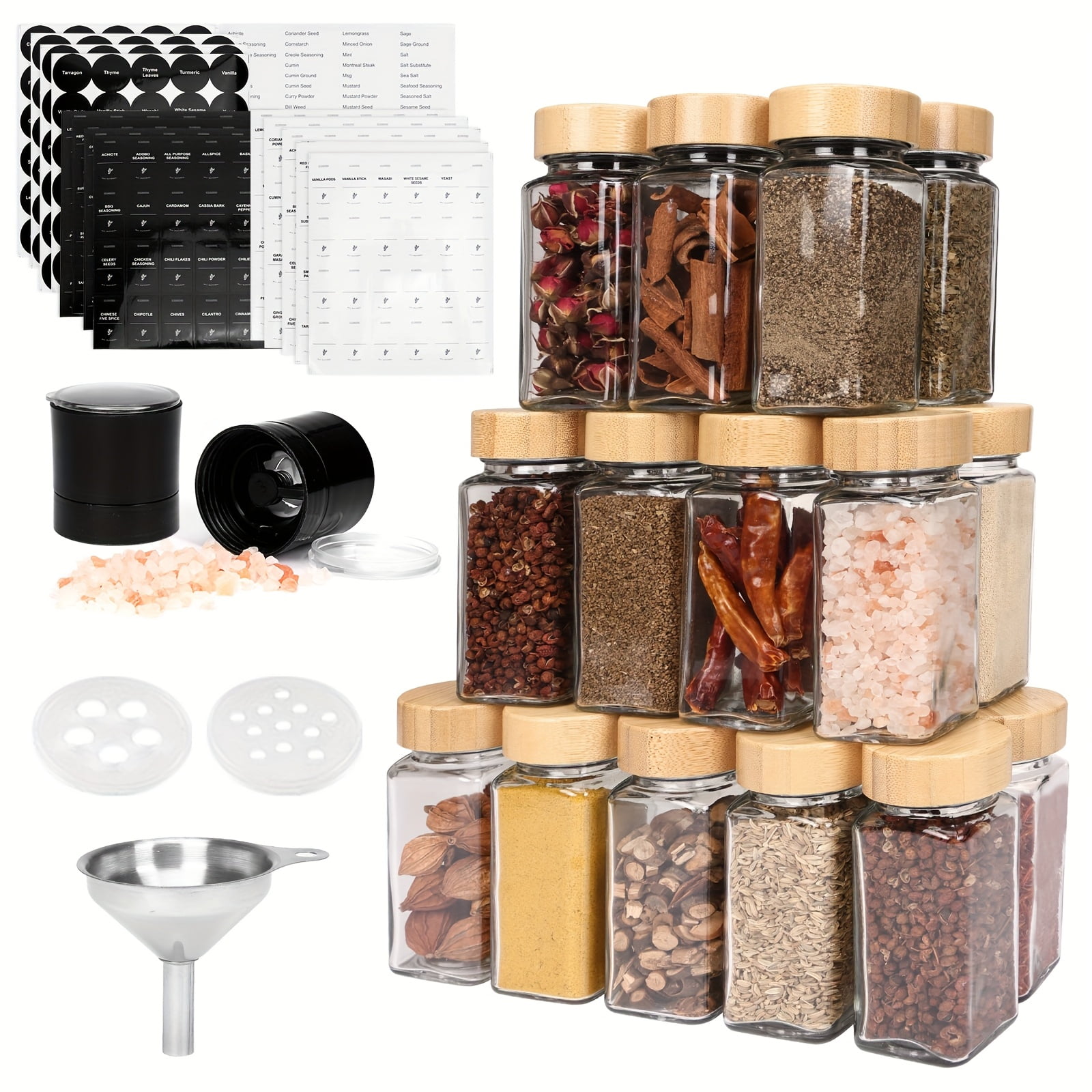 24pcs Glass Spice Jars with Label, Bamboo Spice Jar Set 4oz Seasoning ...