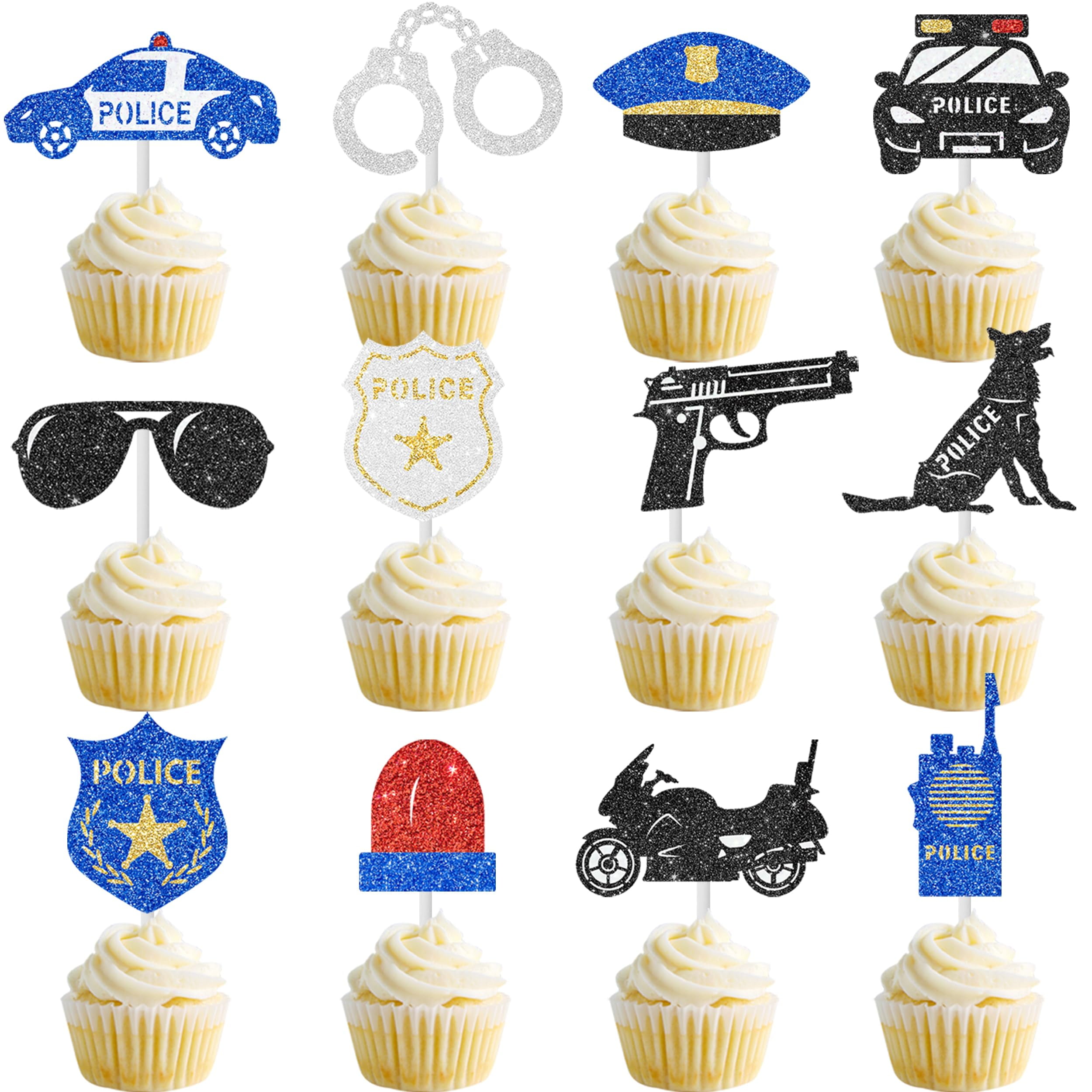 24pcs Glitter Police Party Cupcake Toppers AIS1 Policeman Birthday ...