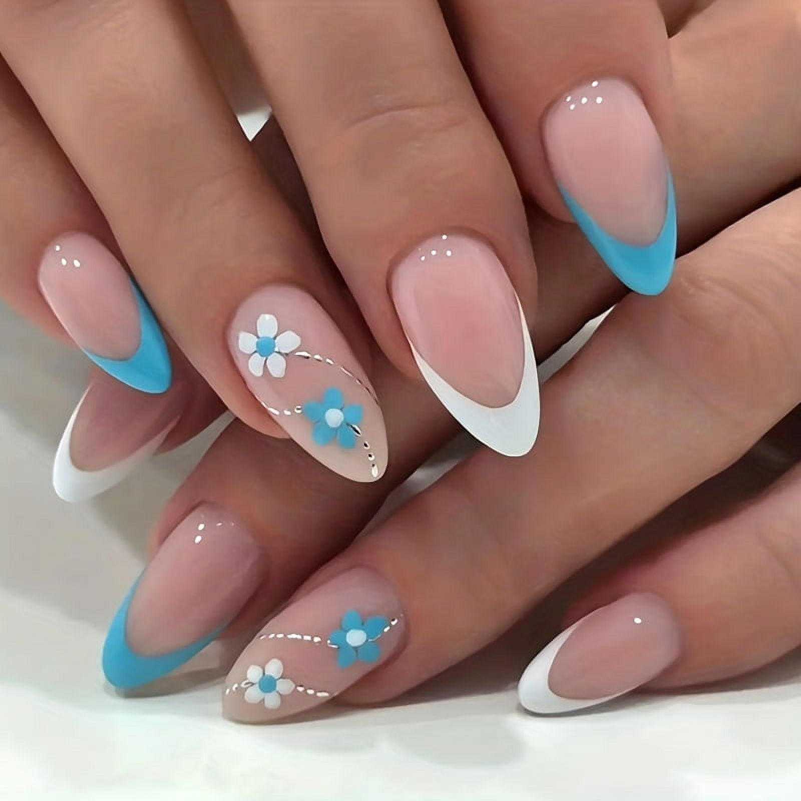 24pcs Glossy Blue White French Tip Press On Nails with Cute Flower Design Short Almond Fake Nails for Women and Girls Full Cover Ins Style False