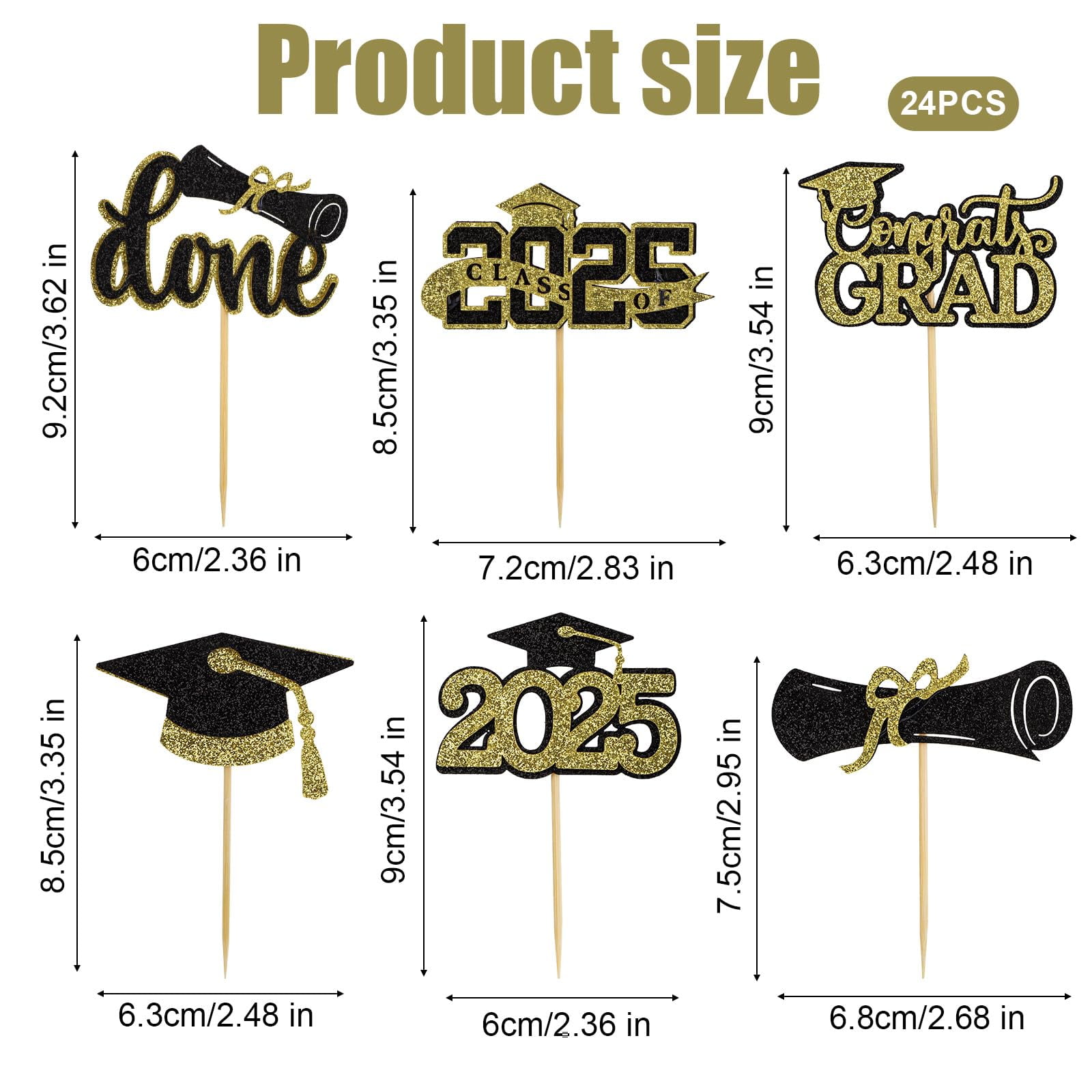 24pcs Graduation Cupcake AJH3 Toppers, 6 Styles Diploma Cupcake Toppers ...
