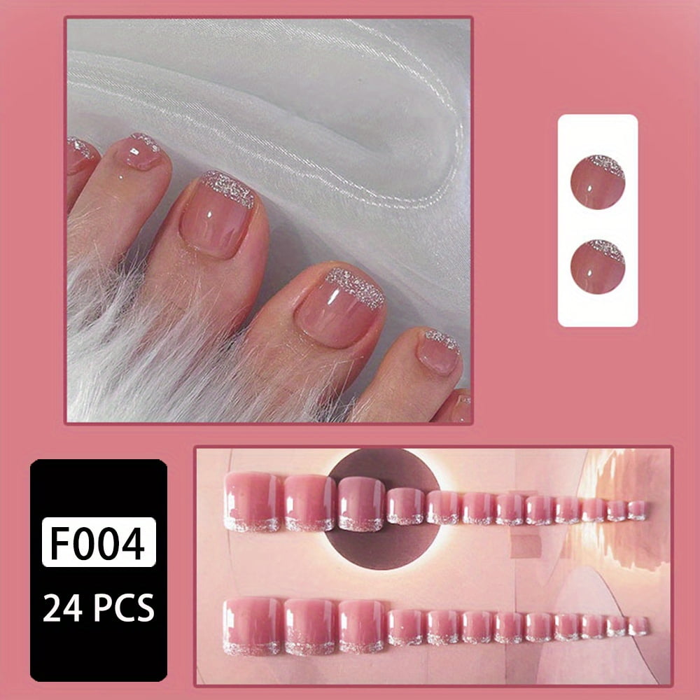 24pcs Ice Transparent Pink Press On Toenails, Short Square Fake ...