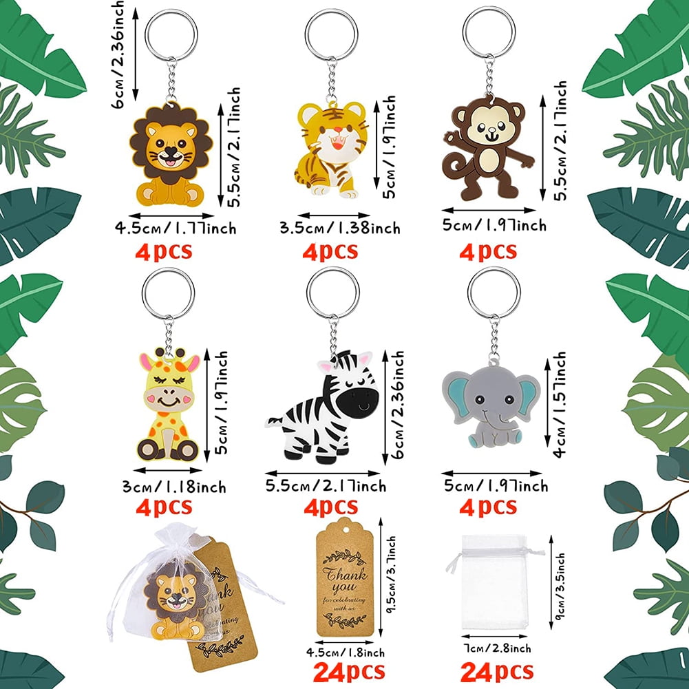 24pcs Jungle Animals Key Ring Set with Thank You Tags Organza Bag Party ...