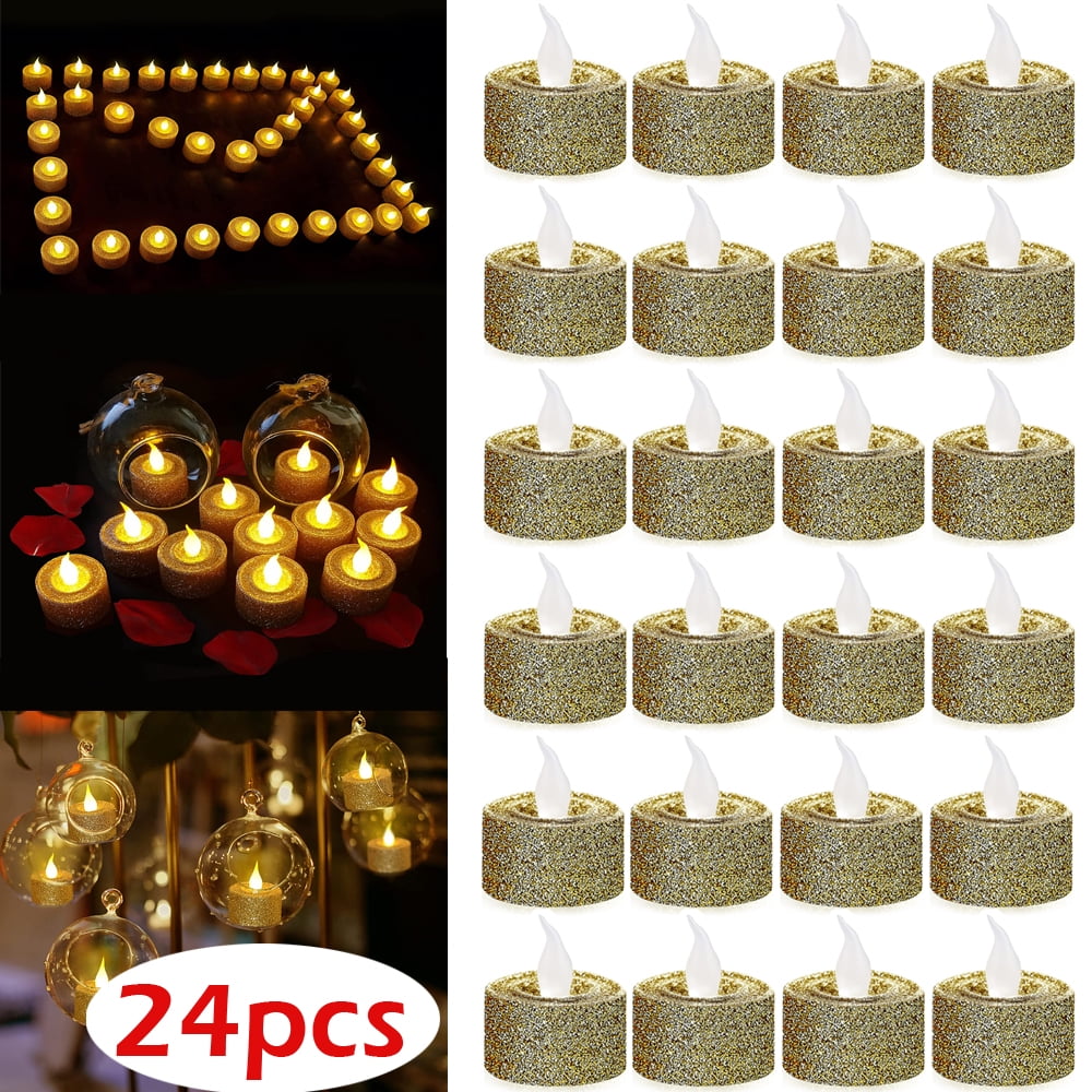 24pcs LED Tealights, Battery Operated Flameless Flickering Gold Glitter ...