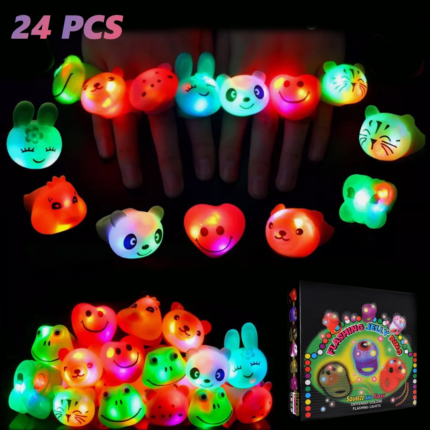 24pcs Light up Rings, Colorful Glowing Jelly Rings for Kids Prize Box ...