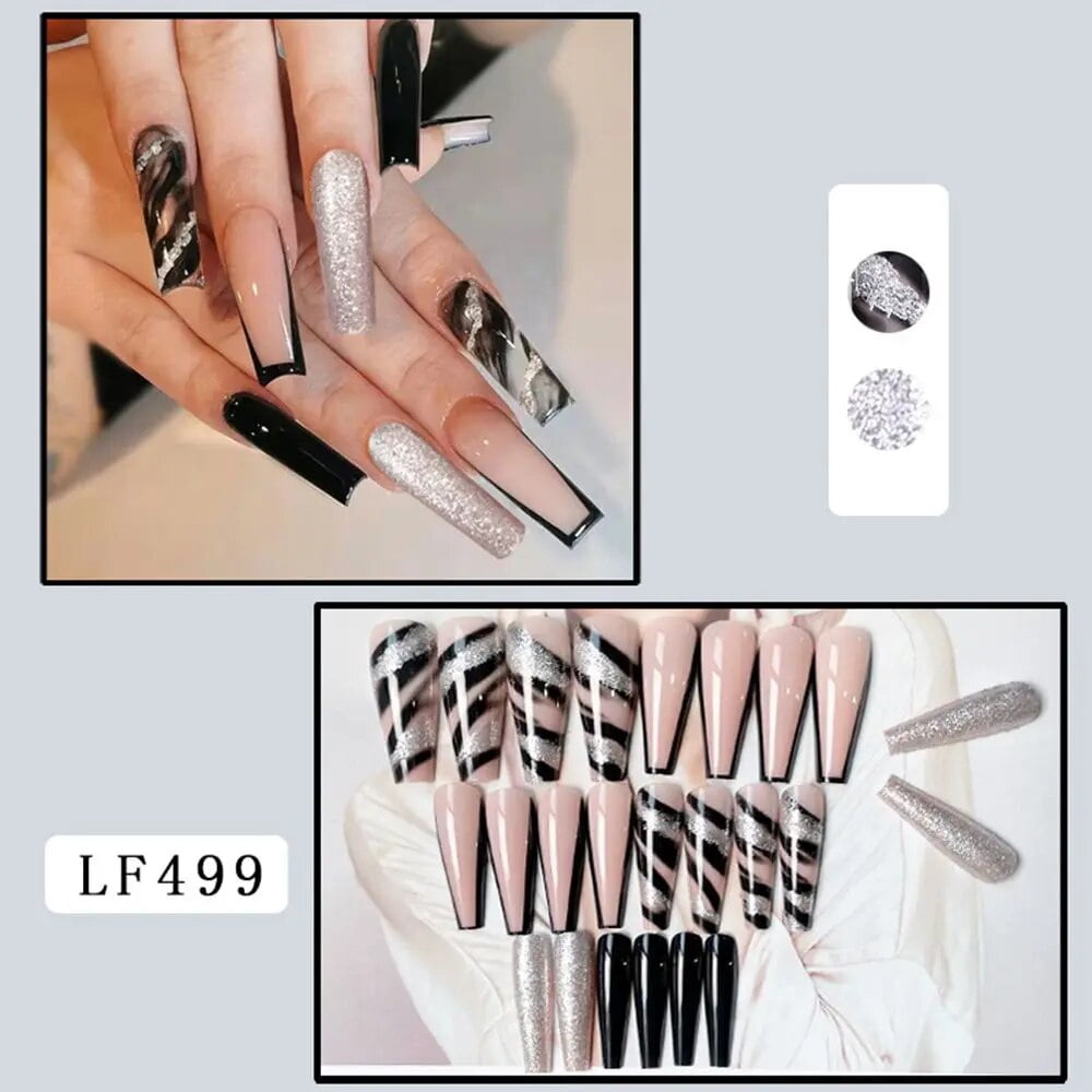 24pcs Long Ballet False Nail Full Cover Fake Nail Grey White Marble ...