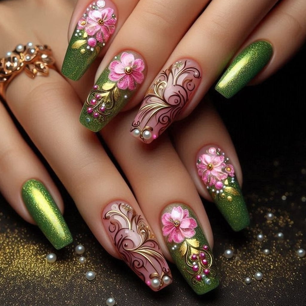 24pcs Medium Coffin Press On Nail Acrylic False Nail with Cute Floral ...