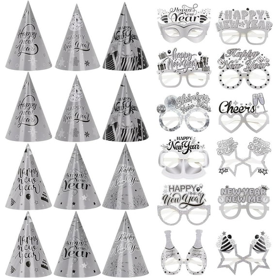 24pcs New Years Eve Party Supplies, Black Silver New Years Eve Cone ...