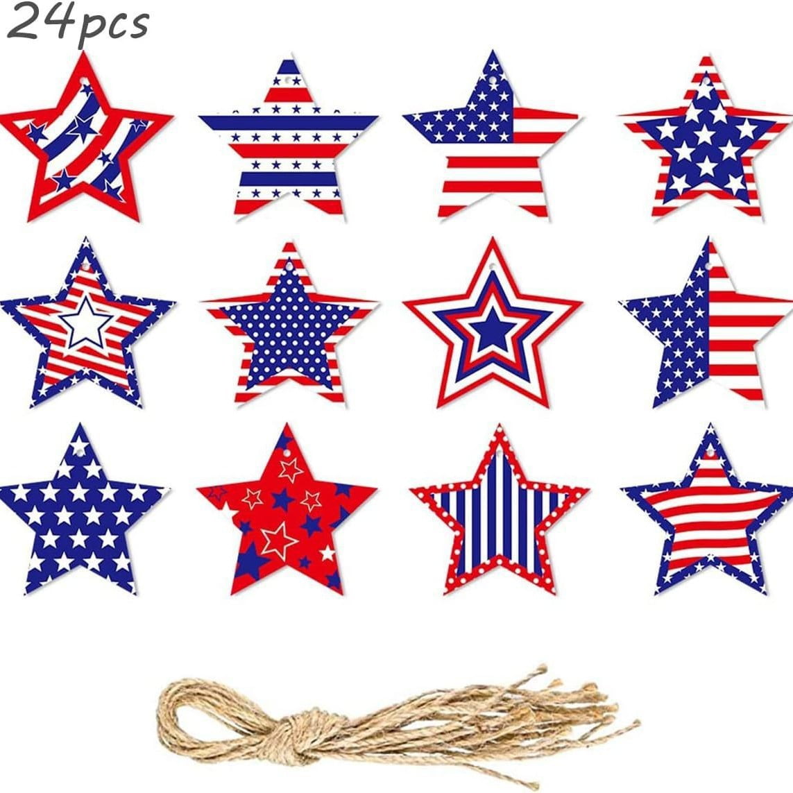 24pcs Patriotic Star Hanging Decorations with Twine, Red White Blue ...
