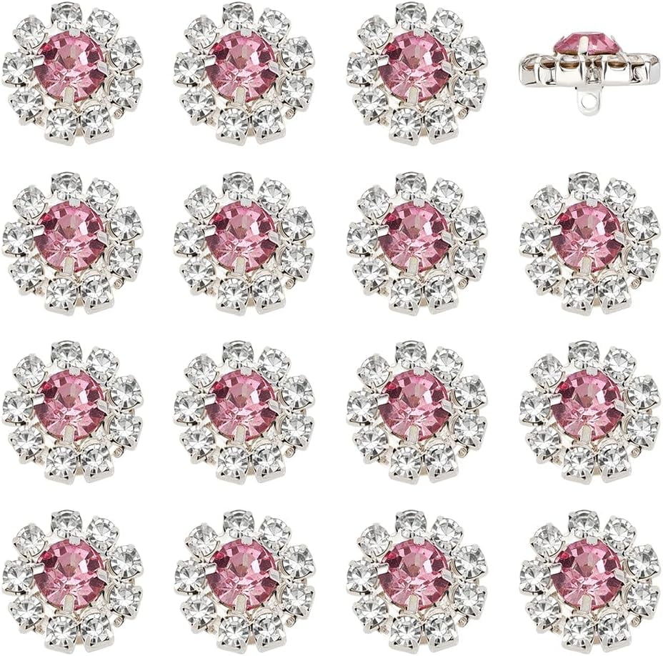 24pcs Pink Rhinestone Buttons Flower Button Silver Embellishments ...