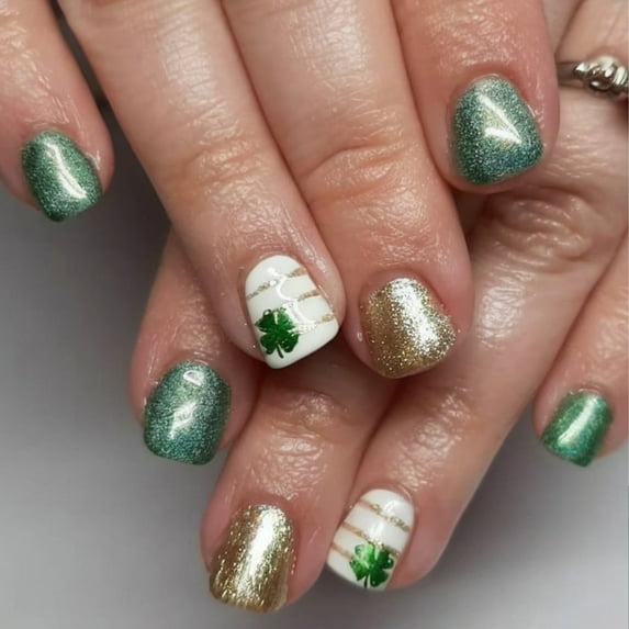 24pcs Short Square Artificial Nails with Patricks Day Theme in Green ...