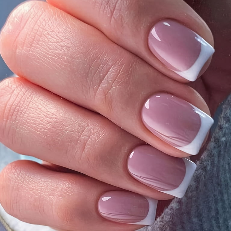 24pcs Short Square French Tip Press On Nails Glossy Nude Pinkish Acrylic Easy to Apply Manicure for Any Occasion