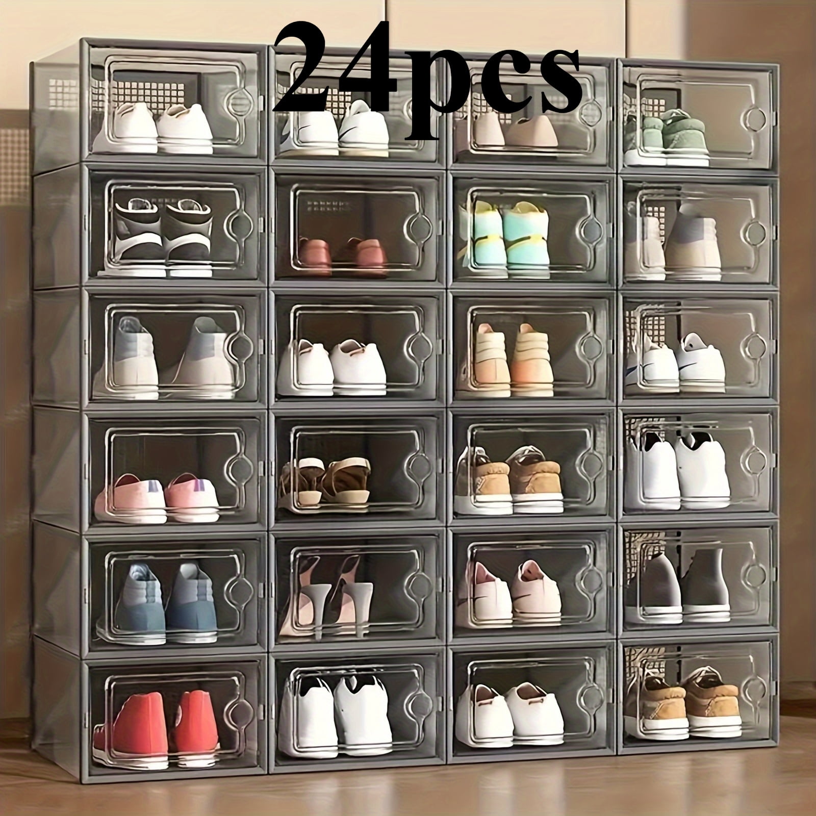 24pcs Thick Transparent Shoe Box with Lid, Foldable & Stackable Plastic ...