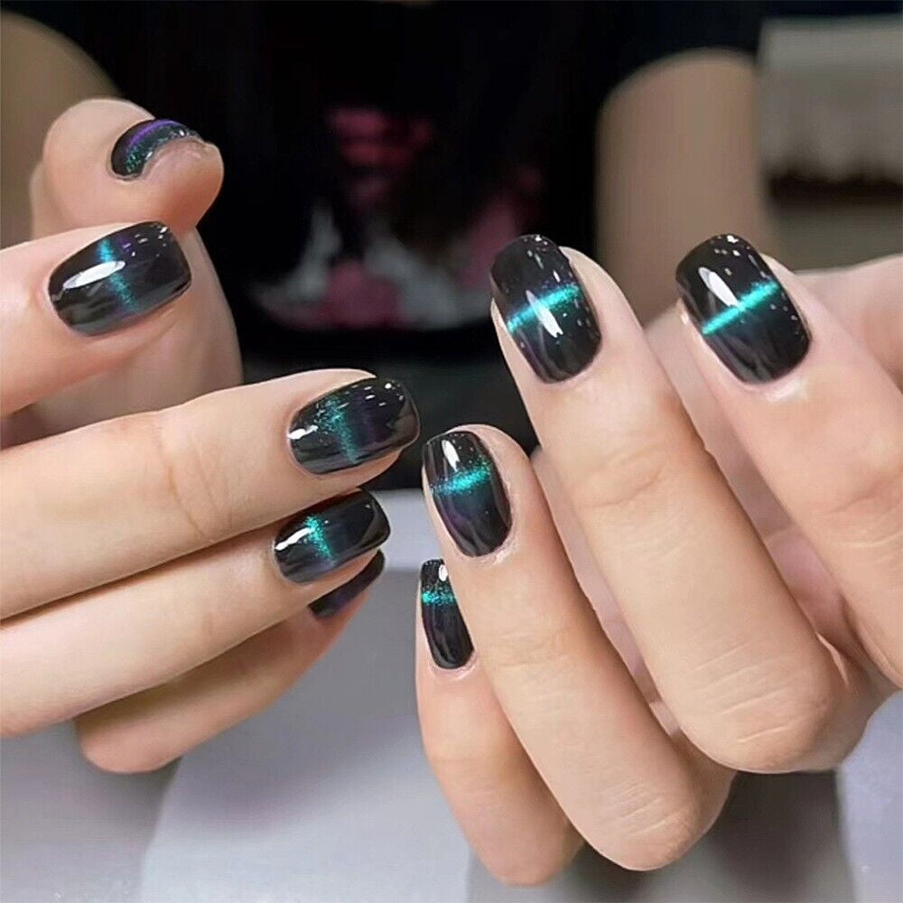 24pcs Unique Bicolor Cat Eye Black False Nail Square Press on Nails for ...