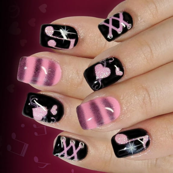 24pcs Valentine’s Day Faux Nails Musical Heart Glittering Press on Type ...