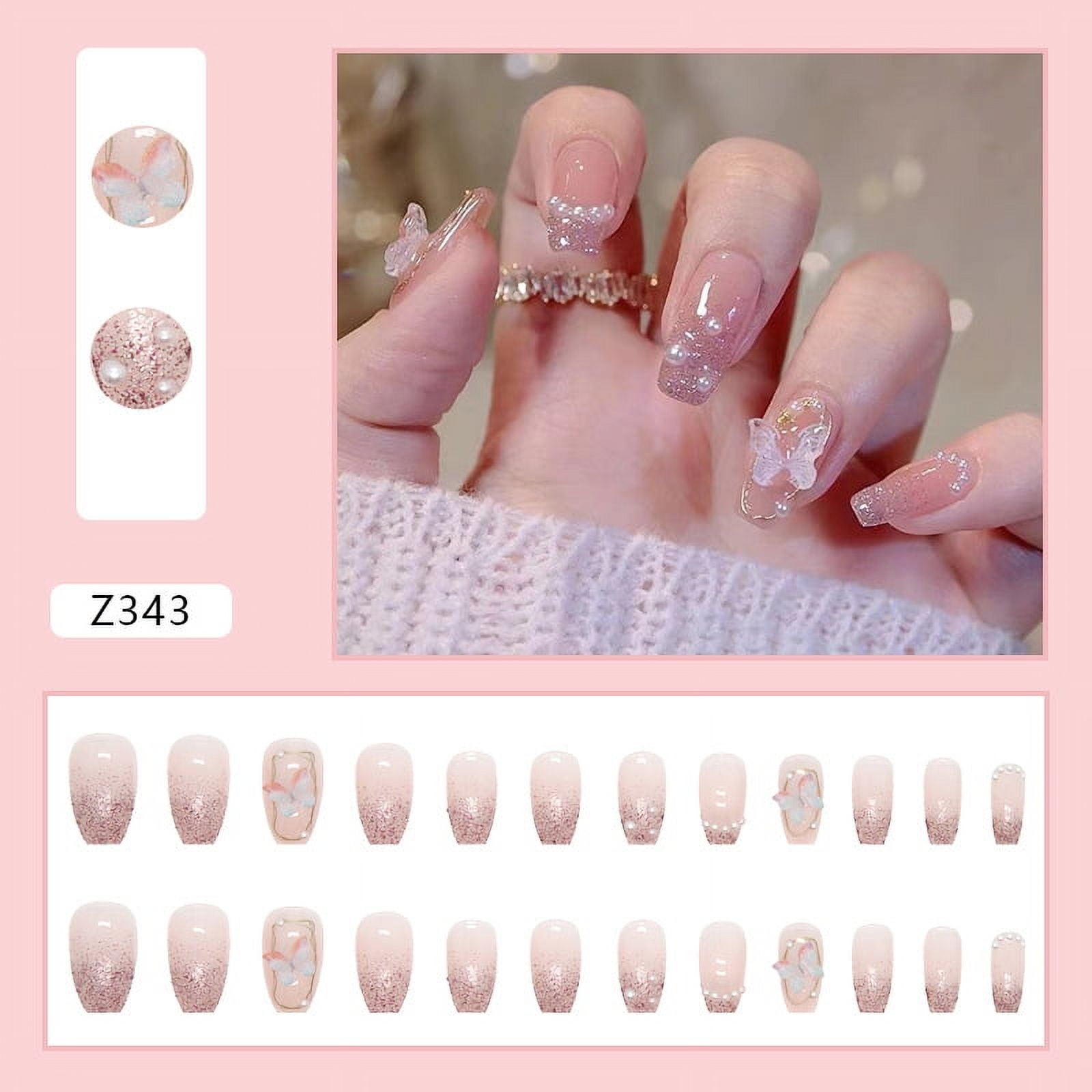 24pcs Wearable Pink Press On Fake Nails Tips With Glue false nails ...