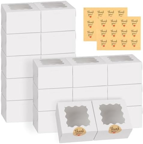 24pcs White Cookie Boxes, 4x4x2.5 Inches Bakery Boxes with Window, for ...