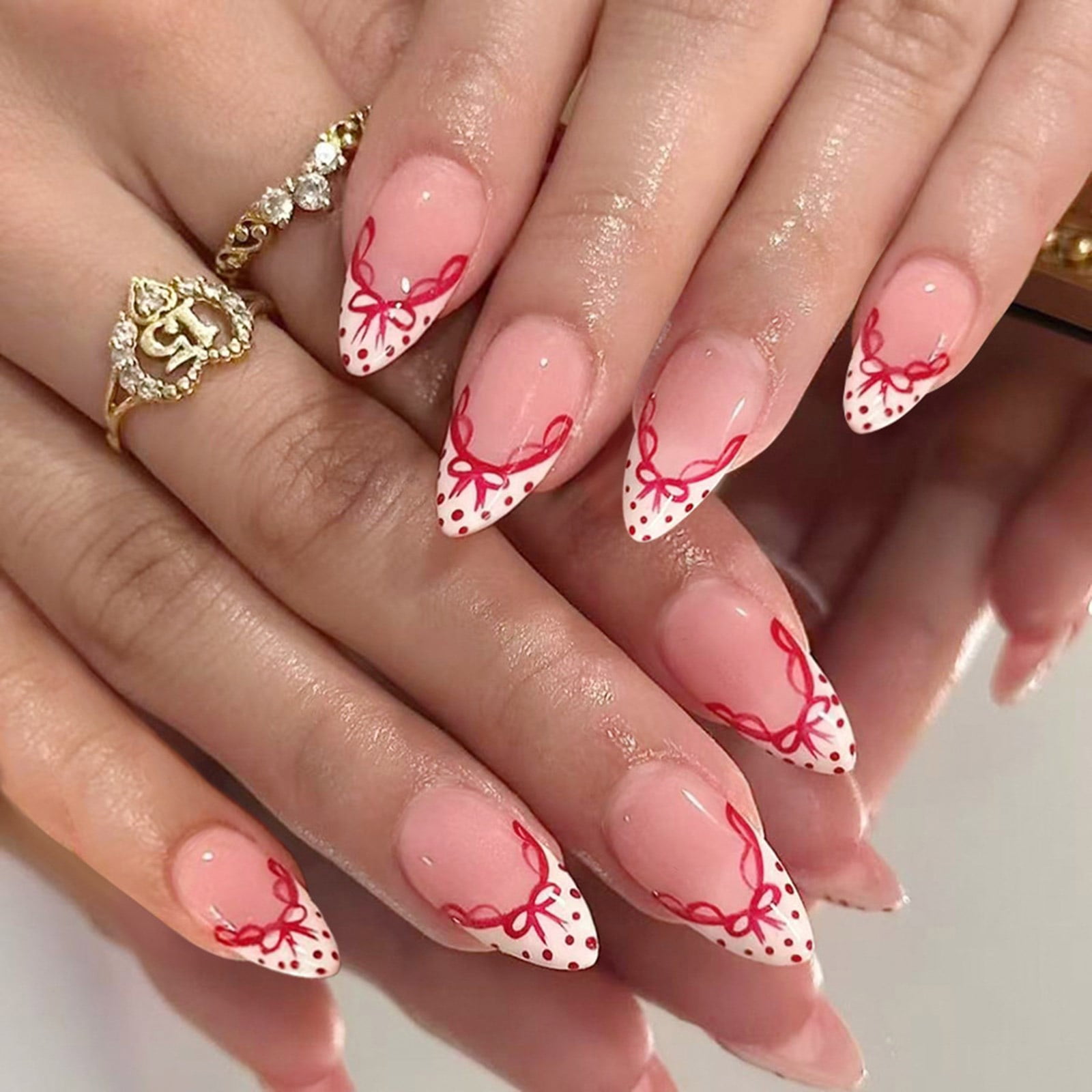 24pcs White Fake Nails French Styles Red Dot Bows Accents Easy Apply ...