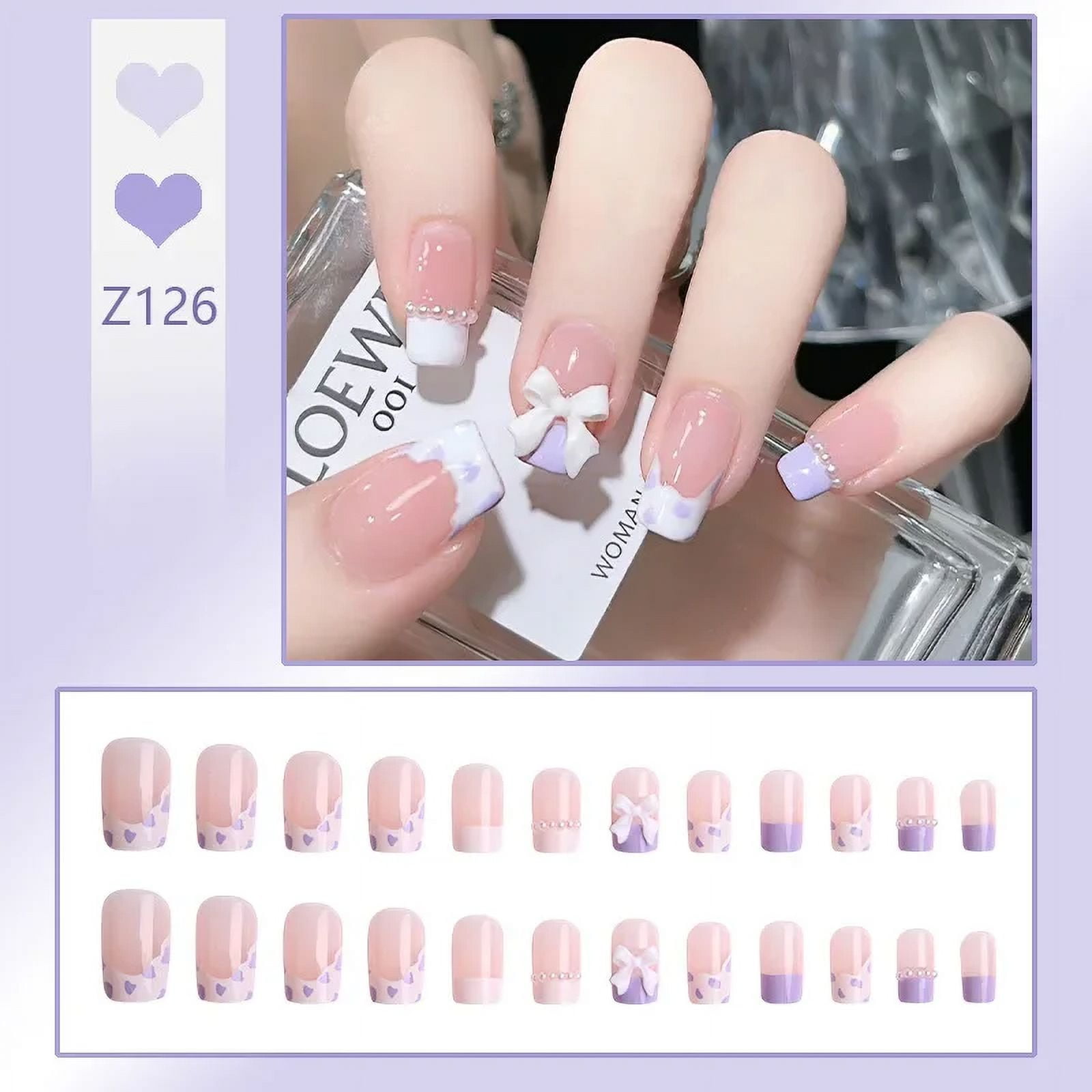 24pcs/box Fake Nails Press on Reusable with Designs Set French ...