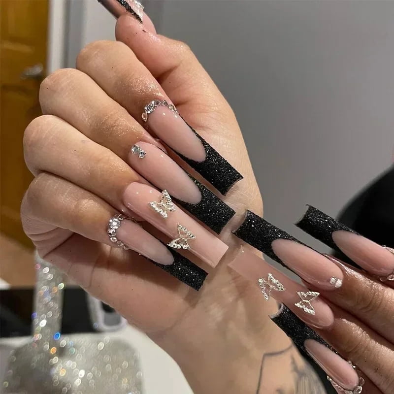 24pcs/box False Nails With Design French White Black Full Cover Acrylic ...