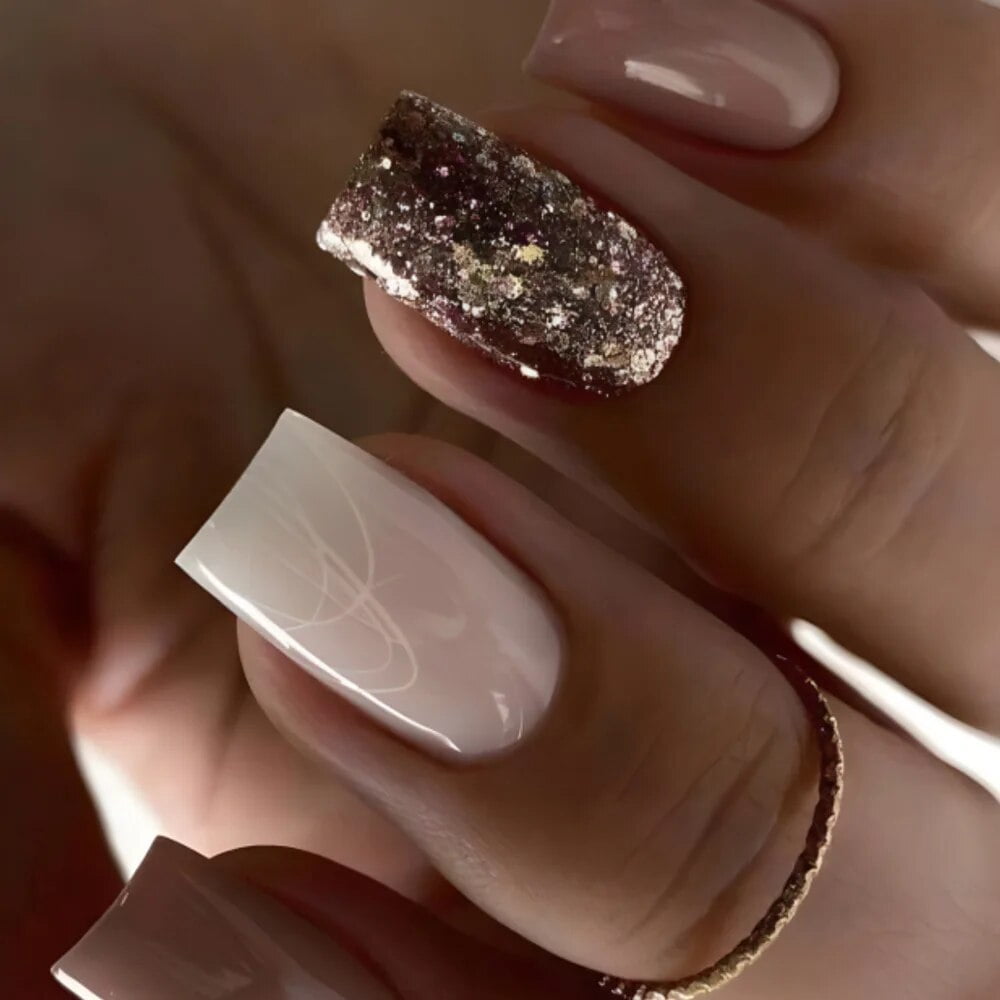 24pcs removeable false nails with glue Gradient Shinny brown coffin ...