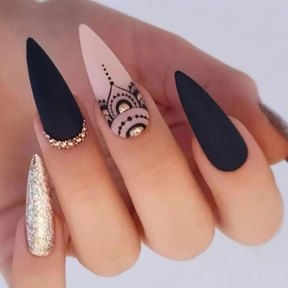 24pcs/set Long Stiletto Fake Nails Punk Snake Pattern Black White Matte ...