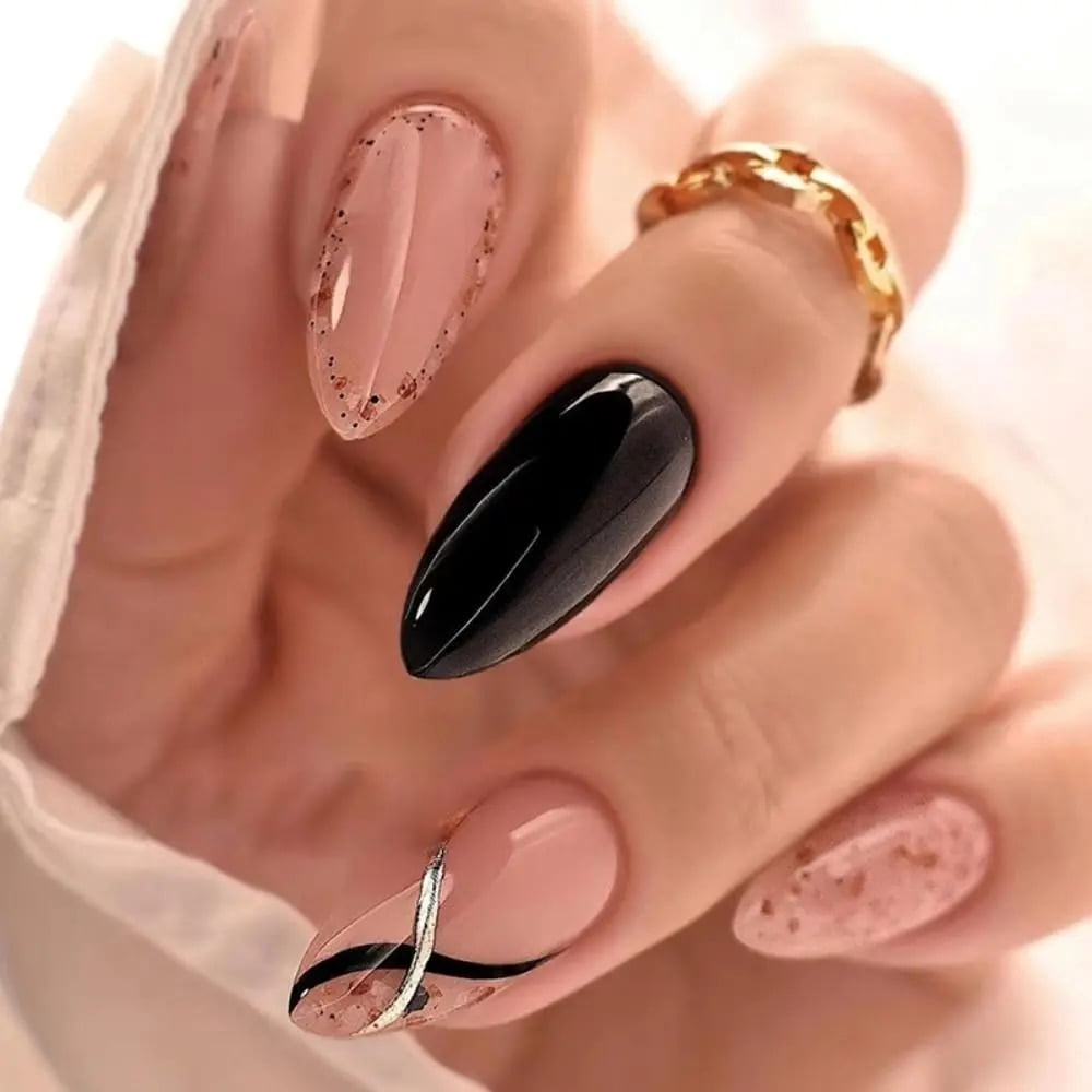 24pcs/set Long Stiletto Fake Nails Punk Snake Pattern Black White Matte ...