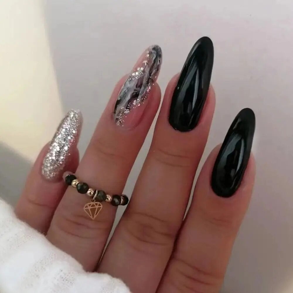 24pcs/set Long Stiletto Fake Nails Punk Snake Pattern Black White Matte ...