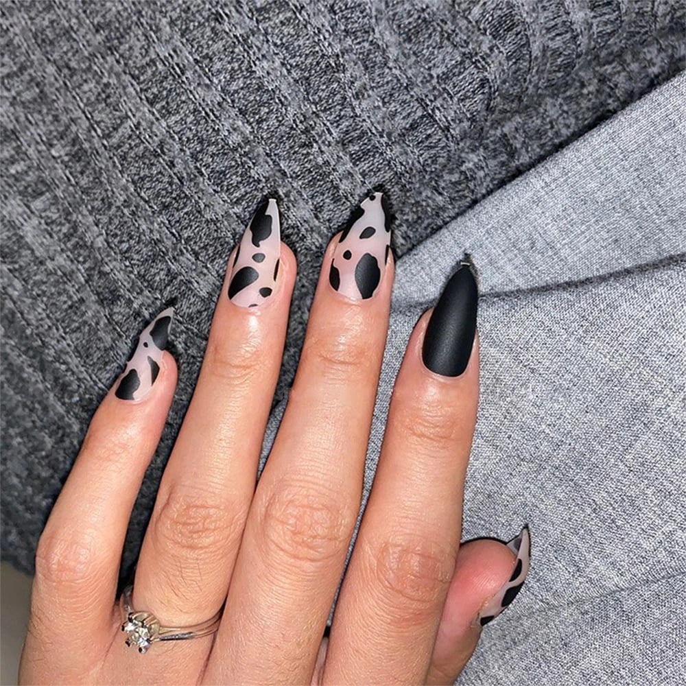 24pcs/set Long Stiletto Fake Nails Punk Snake Pattern Black White Matte ...