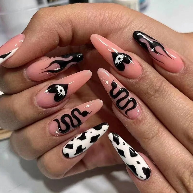 24pcs/set Long Stiletto Fake Nails Punk Snake Pattern Black White Matte ...