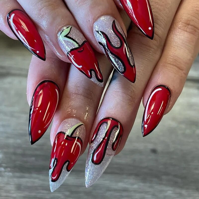 24pcs/set Long Stiletto Fake Nails Punk Snake Pattern Black White Matte ...