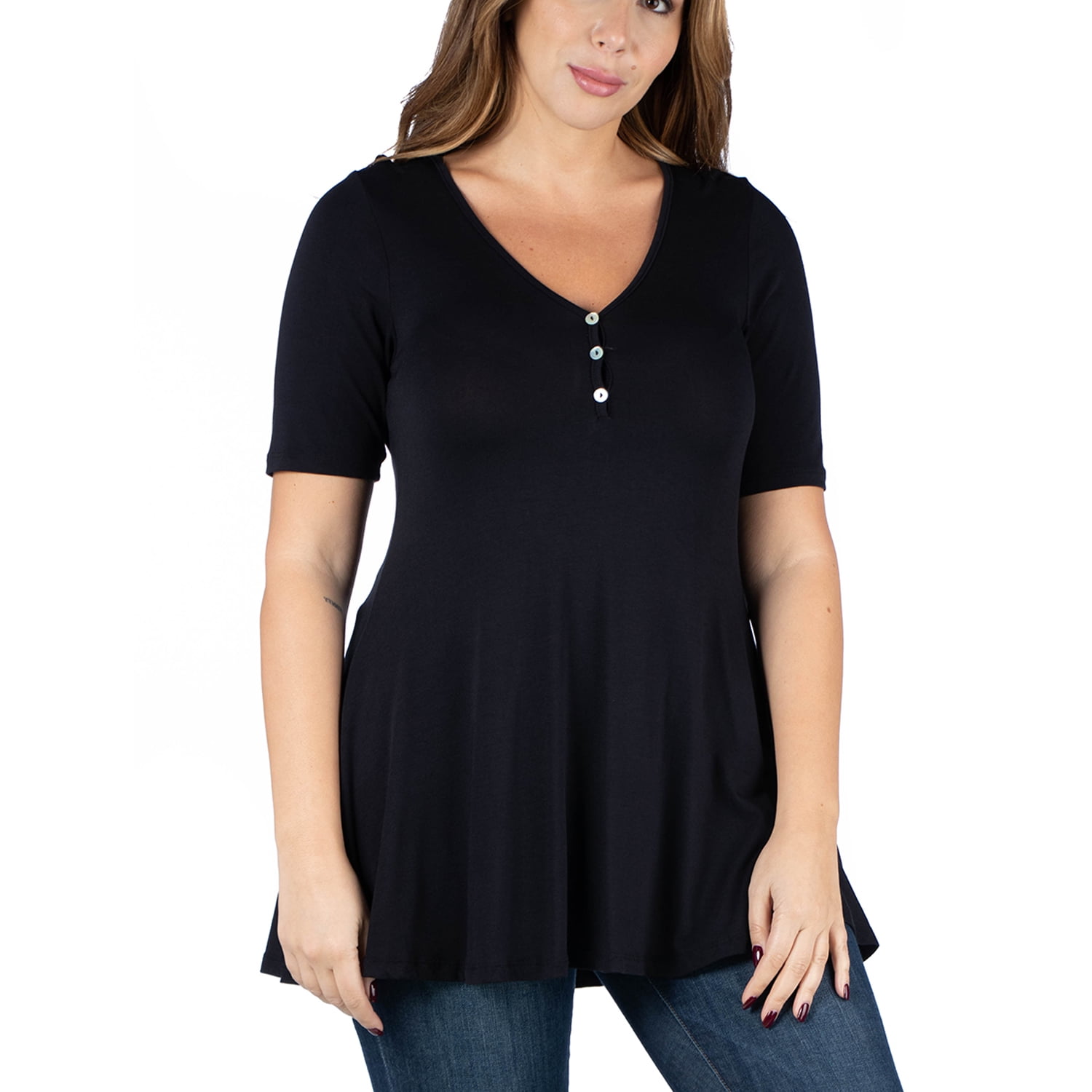 24seven Comfort Apparel Elbow Sleeve Henley Plus Size Tunic Top ...