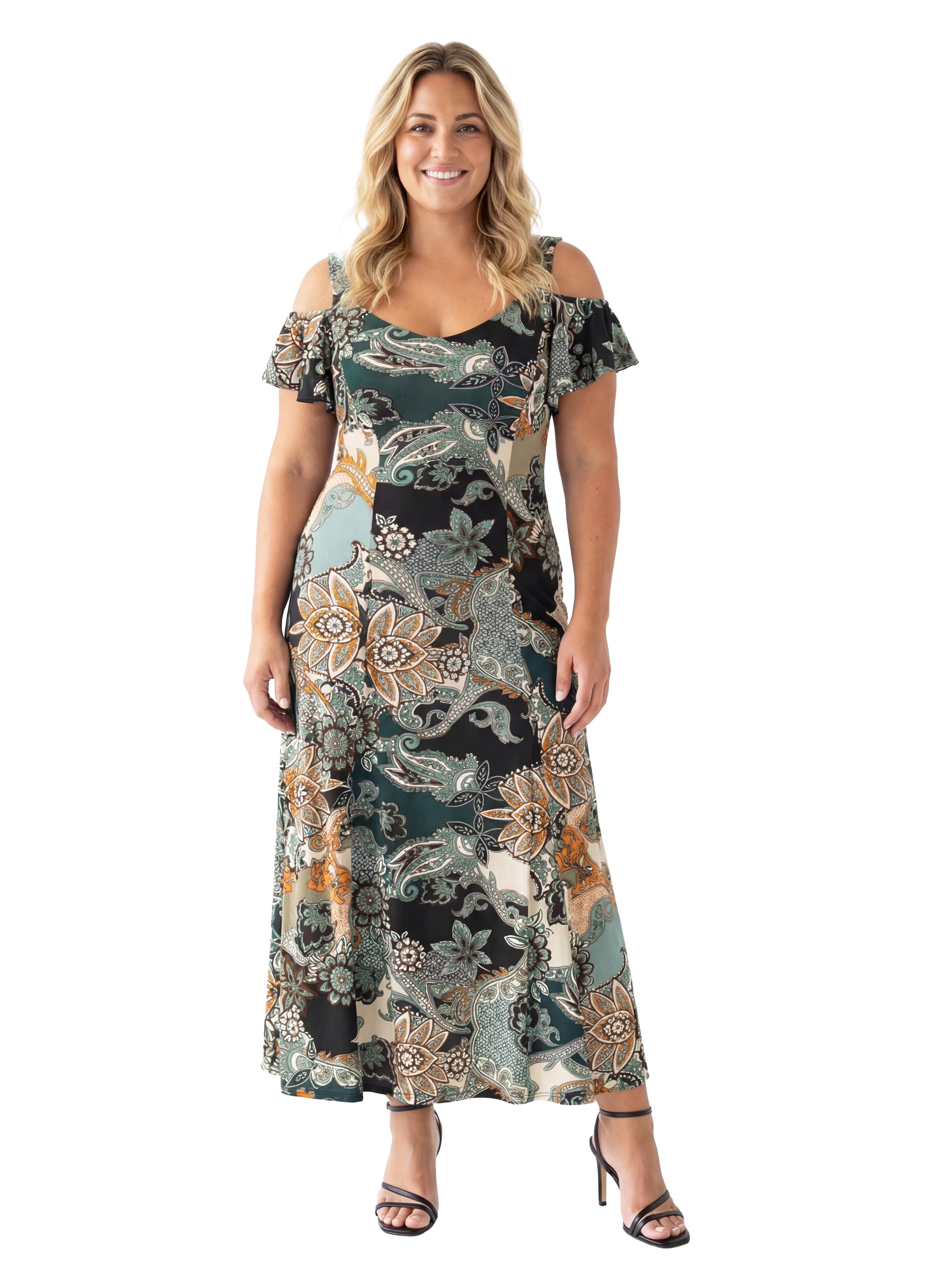 24seven Comfort Apparel Elevate Curvy Paisley Print Soft V Neck Cold ...
