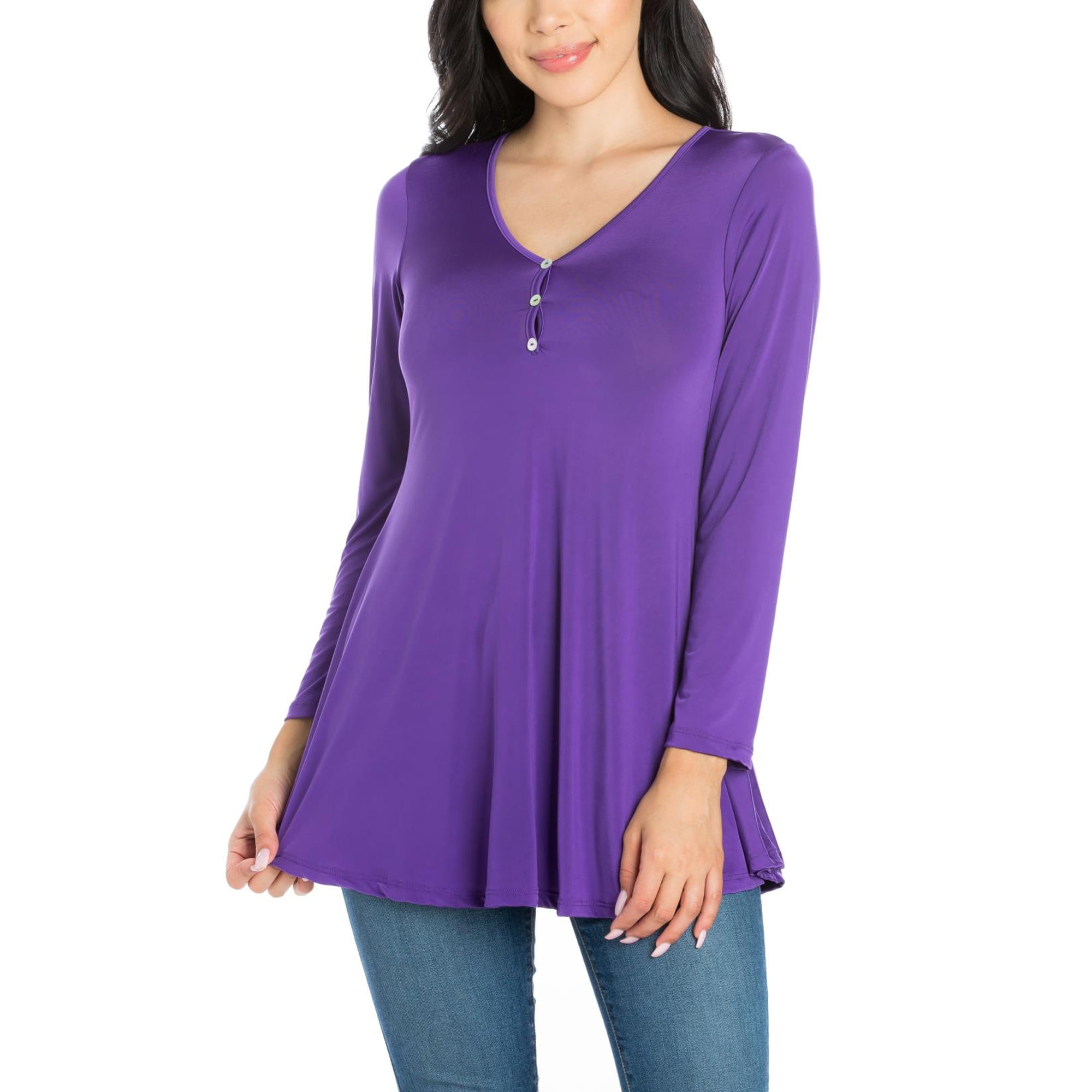 24seven Comfort Apparel Flared Long Sleeve Henley Tunic Top - Walmart.com