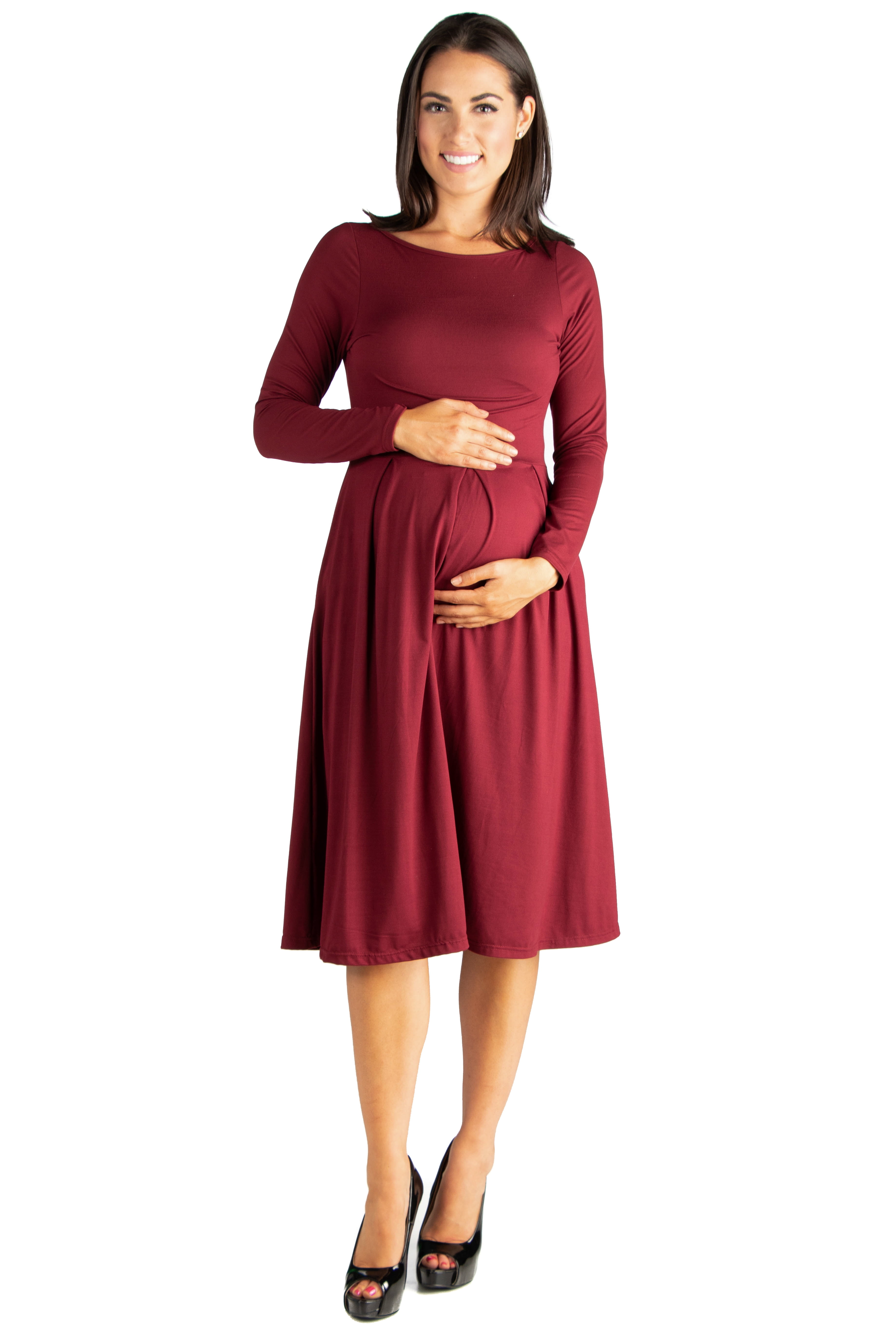 24seven Comfort Apparel Long Sleeve Fit and Flare Maternity Midi Dress ...