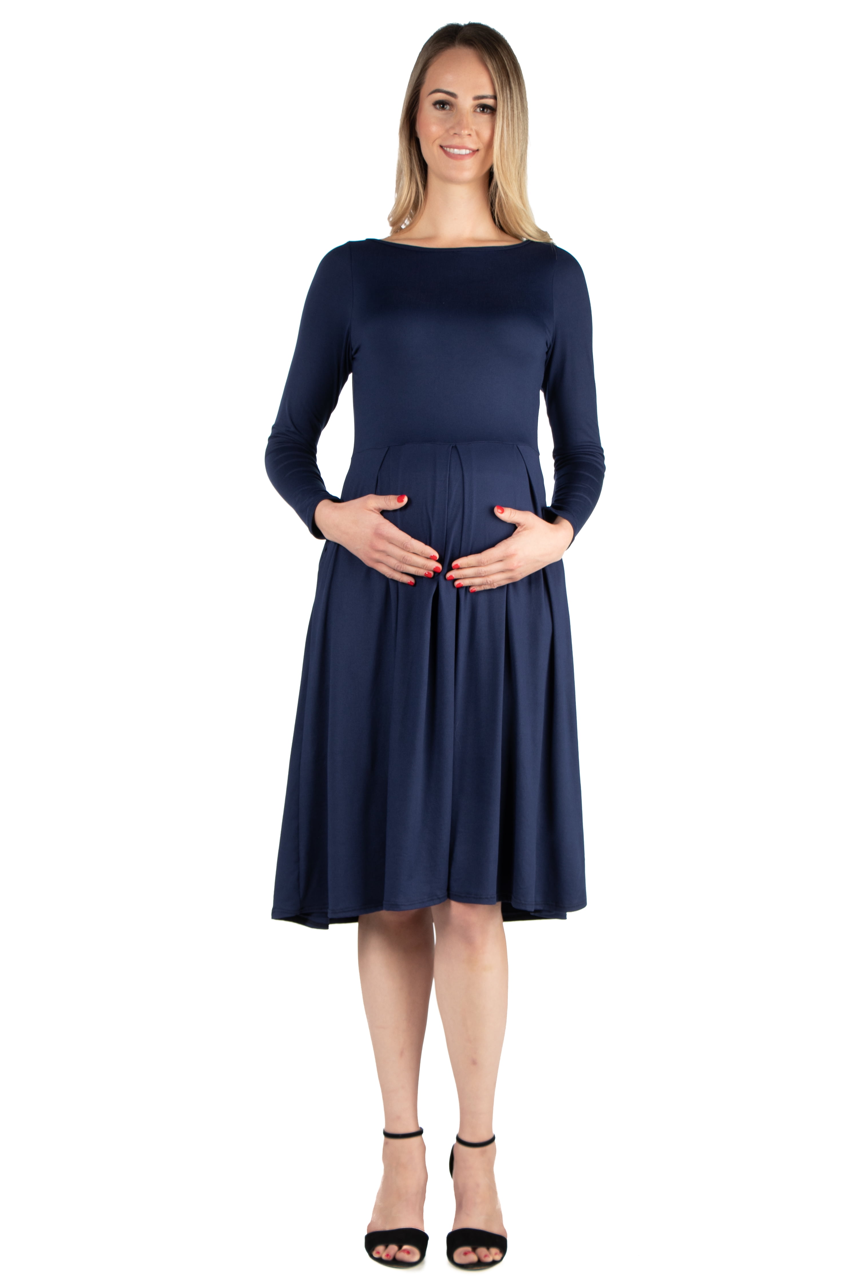 24seven Comfort Apparel Long Sleeve Fit and Flare Maternity Midi Dress ...