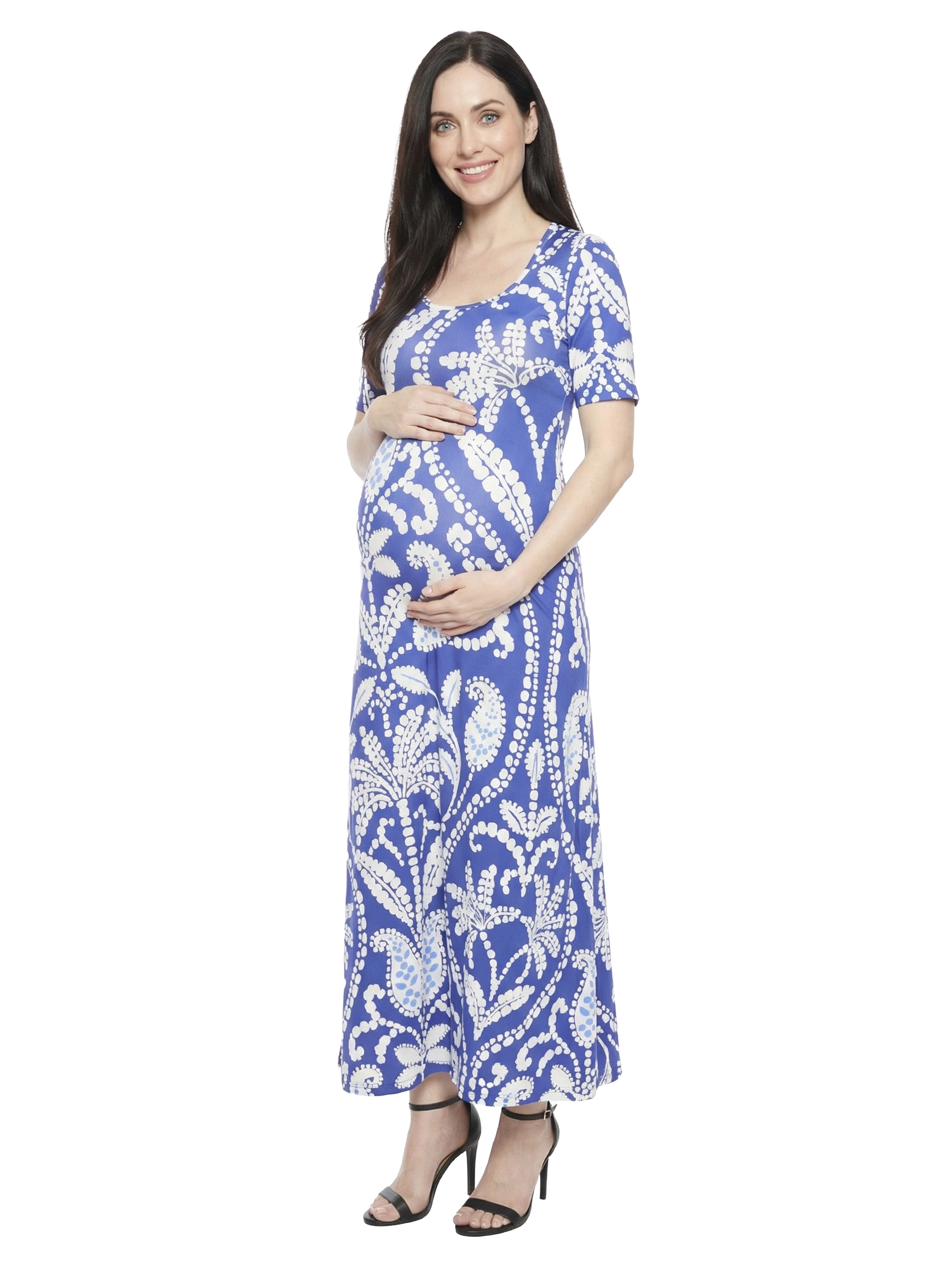 24seven Comfort Apparel Maternity Blue Paisley Scoop Neck Elbow Sleeve ...