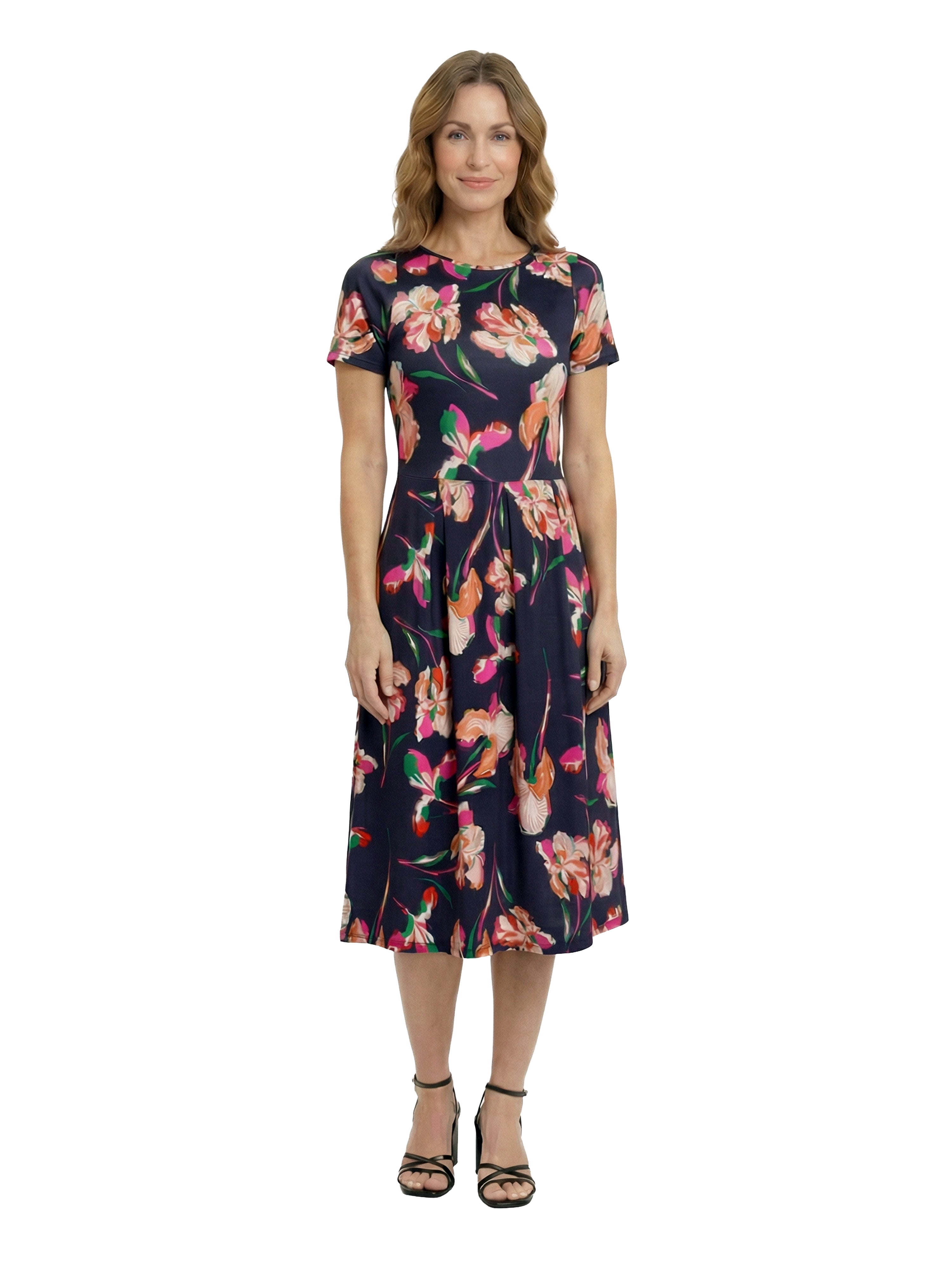 24seven Comfort Apparel Petite Floral Print Short Sleeve Boat Neck Fit ...