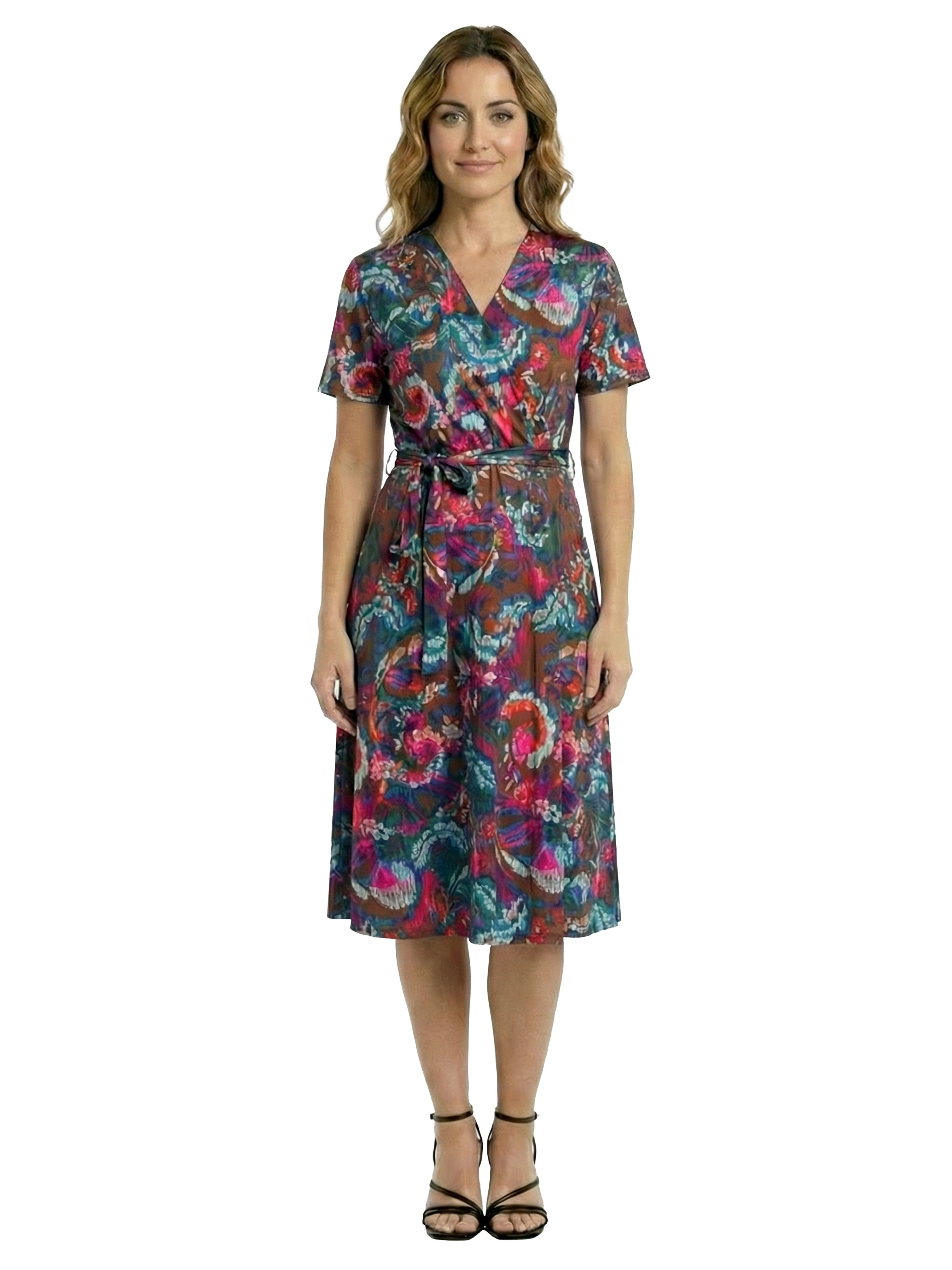 24seven Comfort Apparel Petite Paisley Print Short Sleeve Tie Waist ...