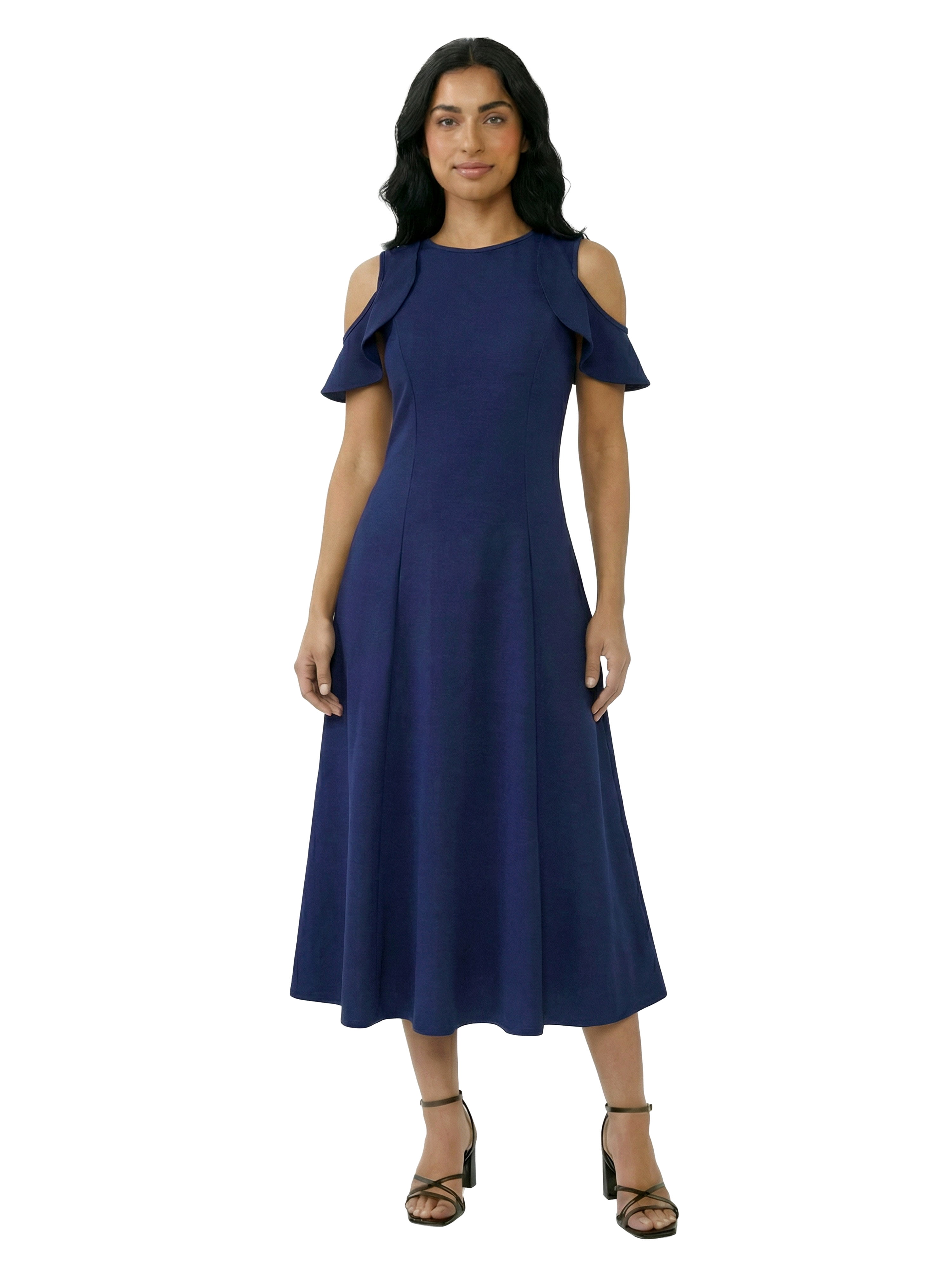 24seven Comfort Apparel Petite Ruffle Sleeve Cold Shoulder A Line Soft ...