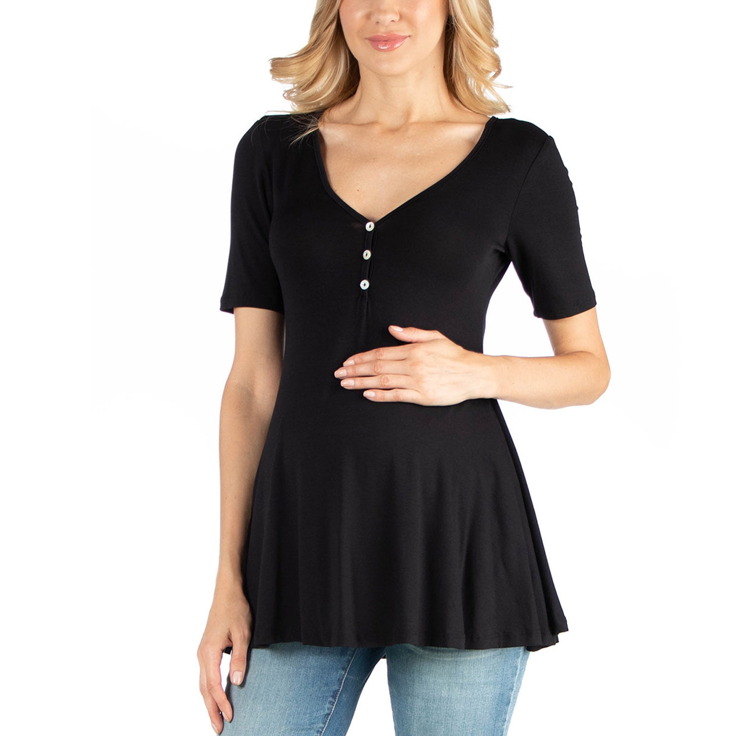 24seven Comfort Apparel Quarter Sleeve Maternity Tunic Top with Button ...