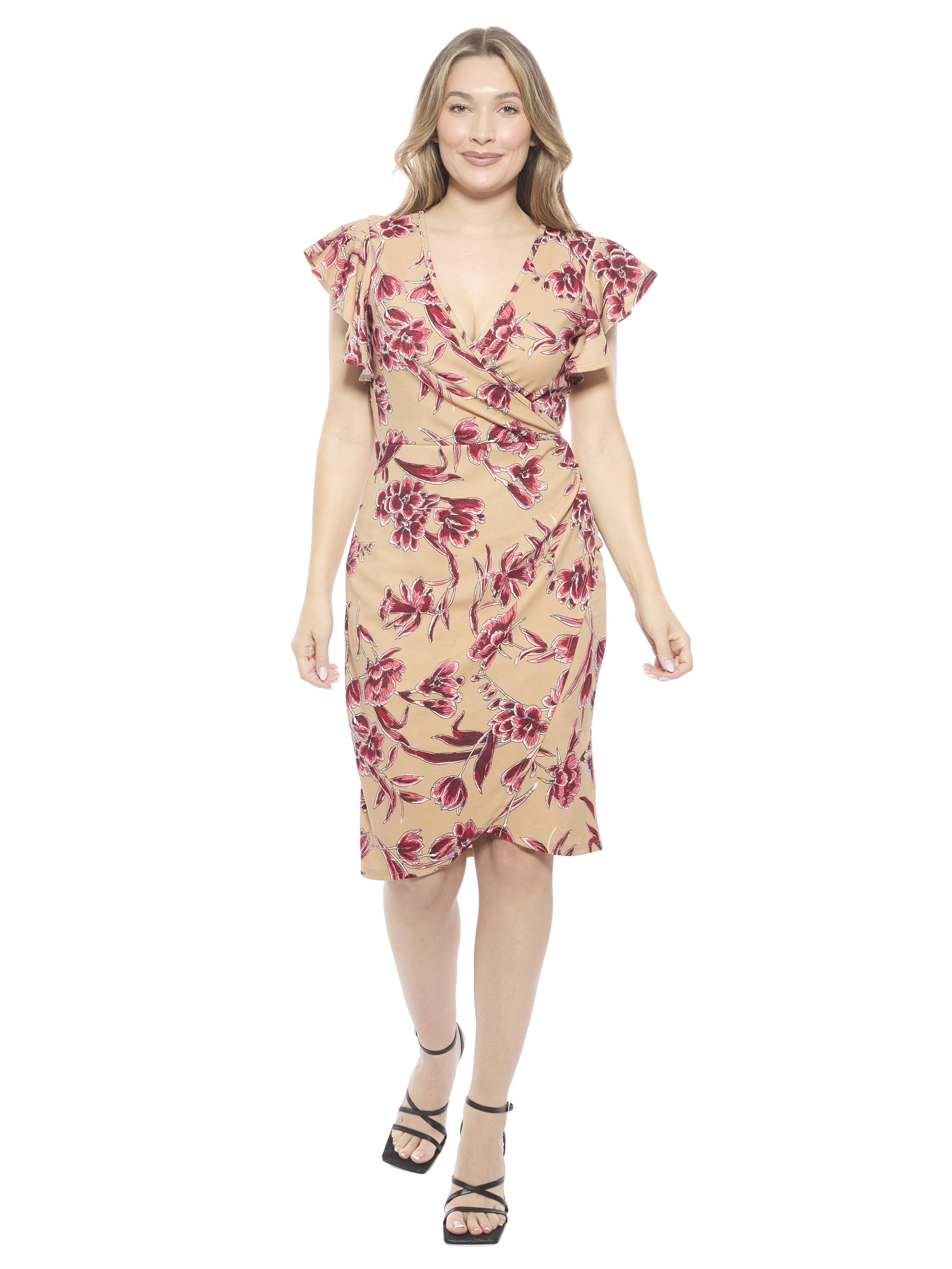 24seven Comfort Apparel Womens Beige Floral Flutter Sleeve Faux Wrap ...