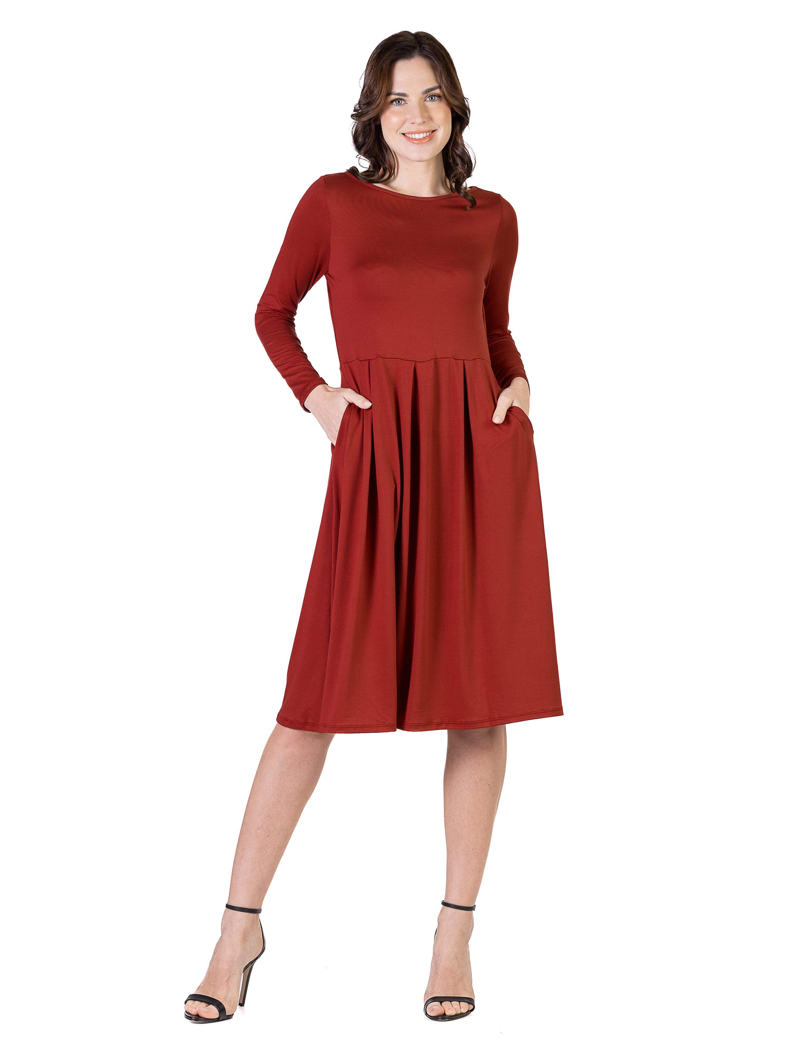 24seven Comfort Apparel Womens Midi Length Fit N Flare Pocket Dress ...