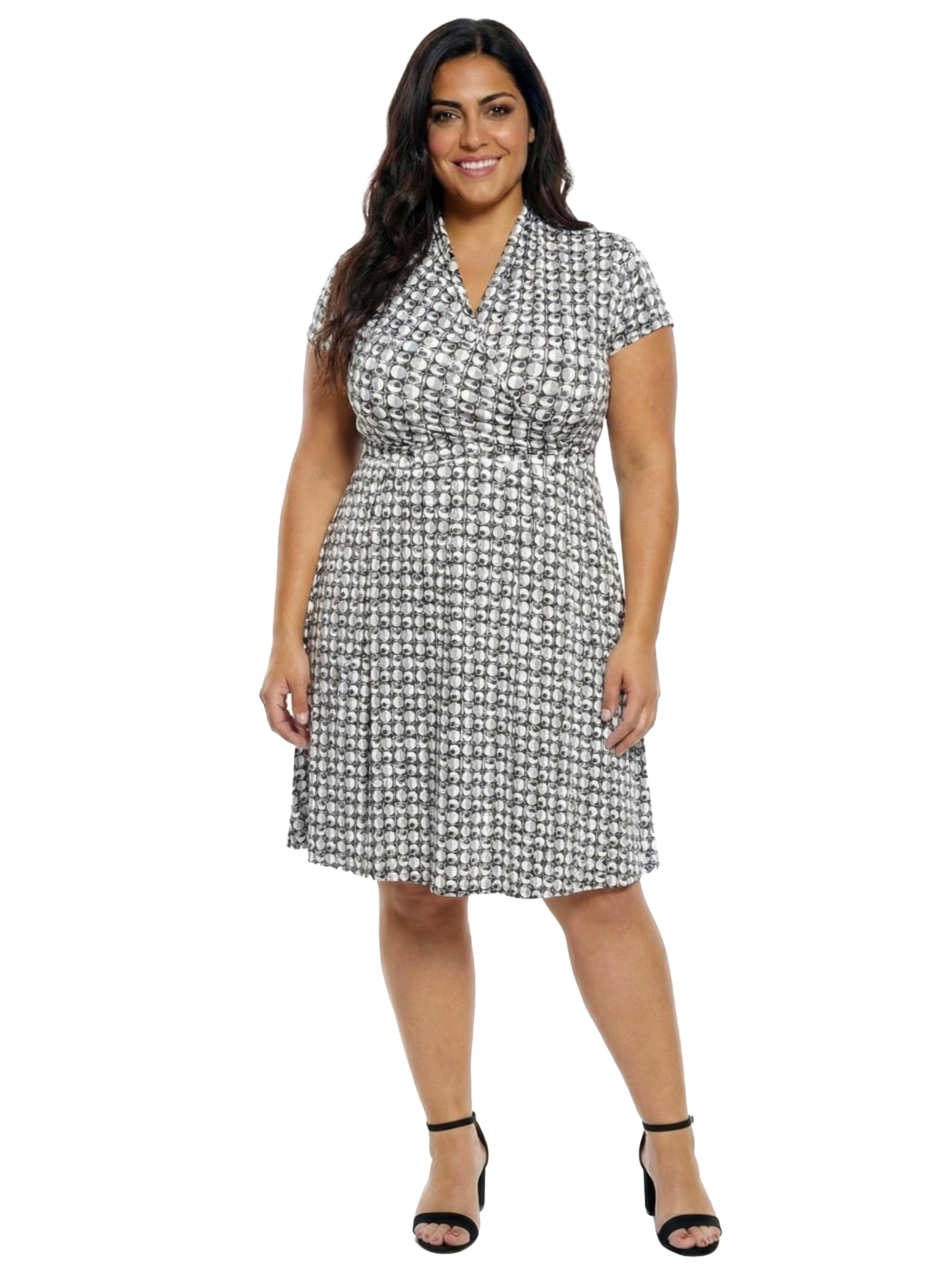 24seven Comfort Essential Curvy Geometric Print V Neck Faux Wrap Knee ...